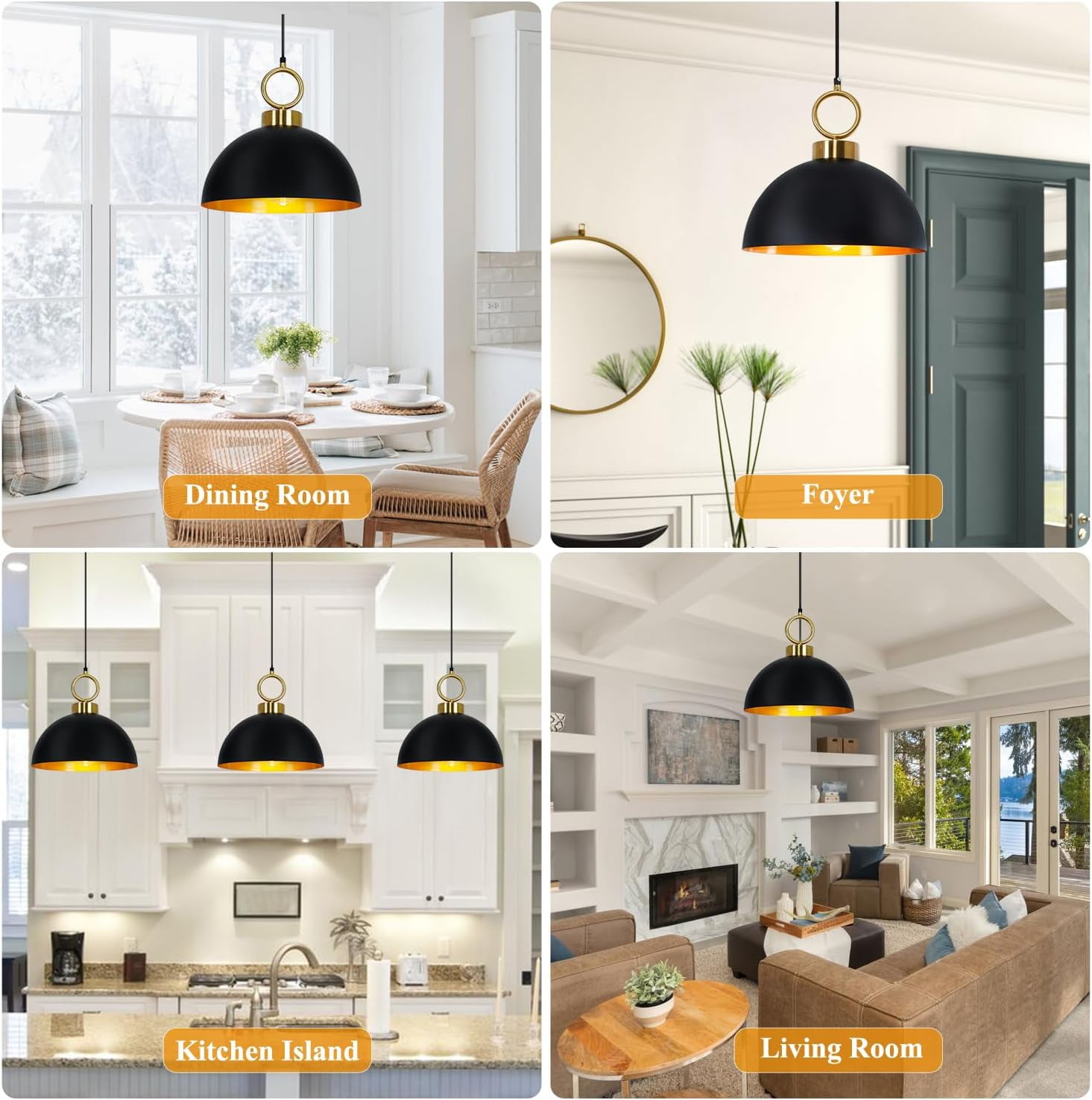 TRA-Farmhouse Black and Gold Dome Pendant Light, 11.8" Adjustable ...