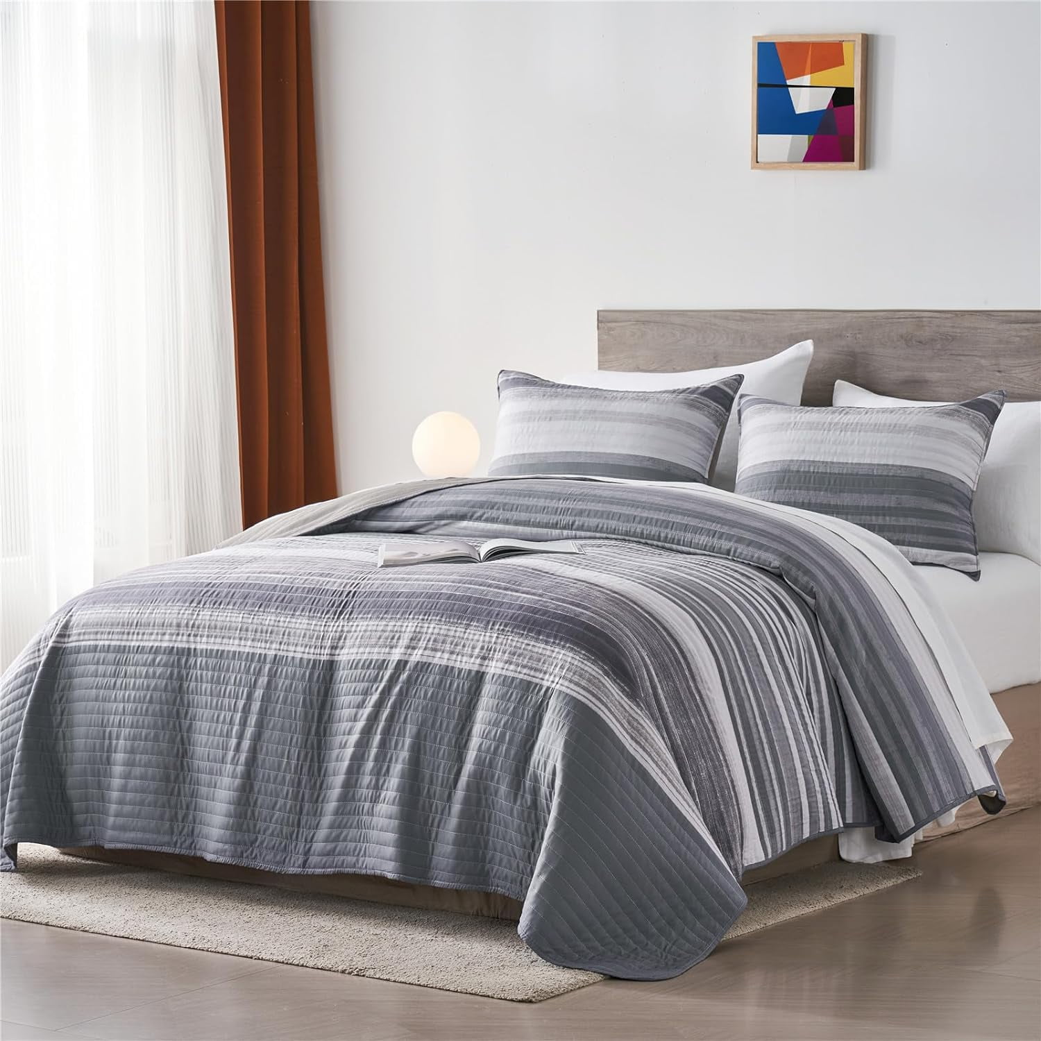 TRA-Full/Queen Quilt Bedding Set, White and Grey Patchwork Striped ...