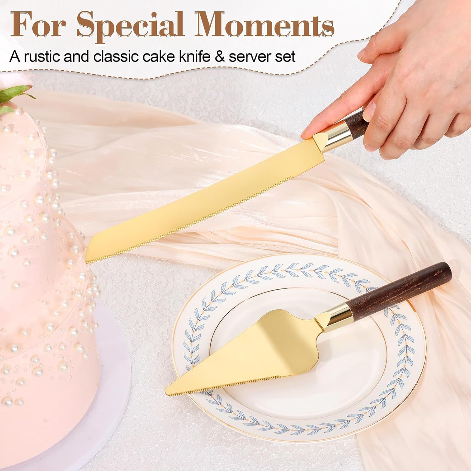 TRA-Gold Cake Cutting Set for Wedding, Wood Cake Knife and Server Set ...