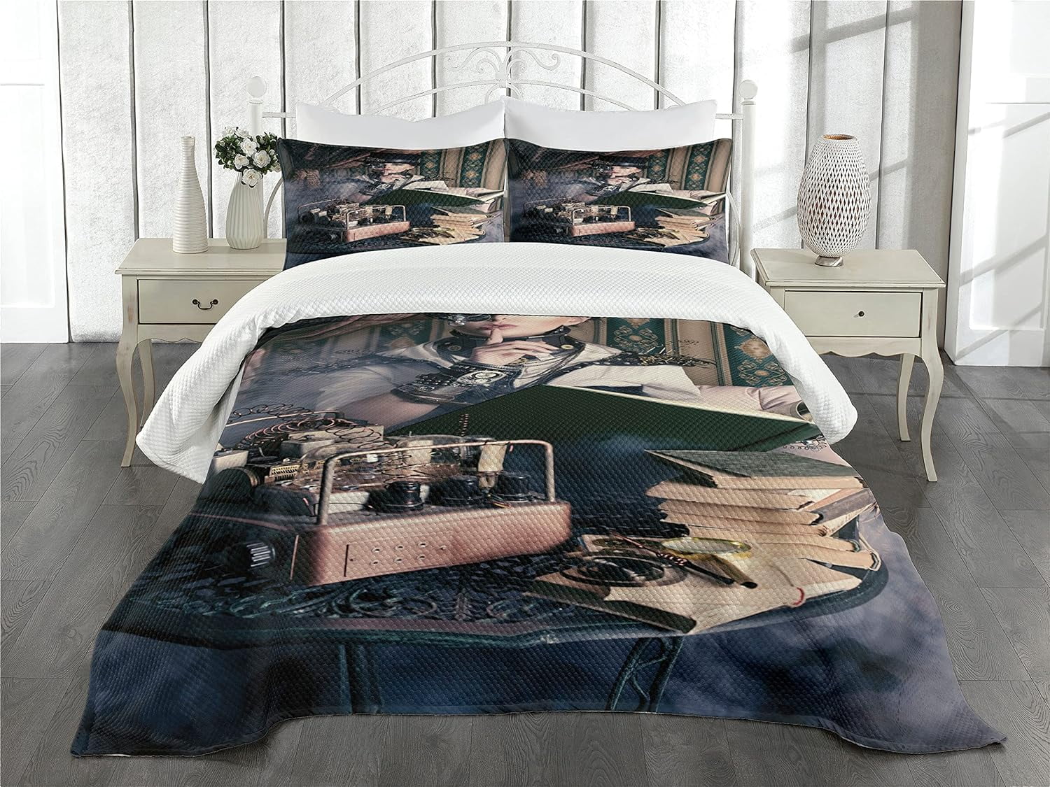 TRA-Gothic Bedspread Set, Portrait of Steampunk Woman with Medieval ...