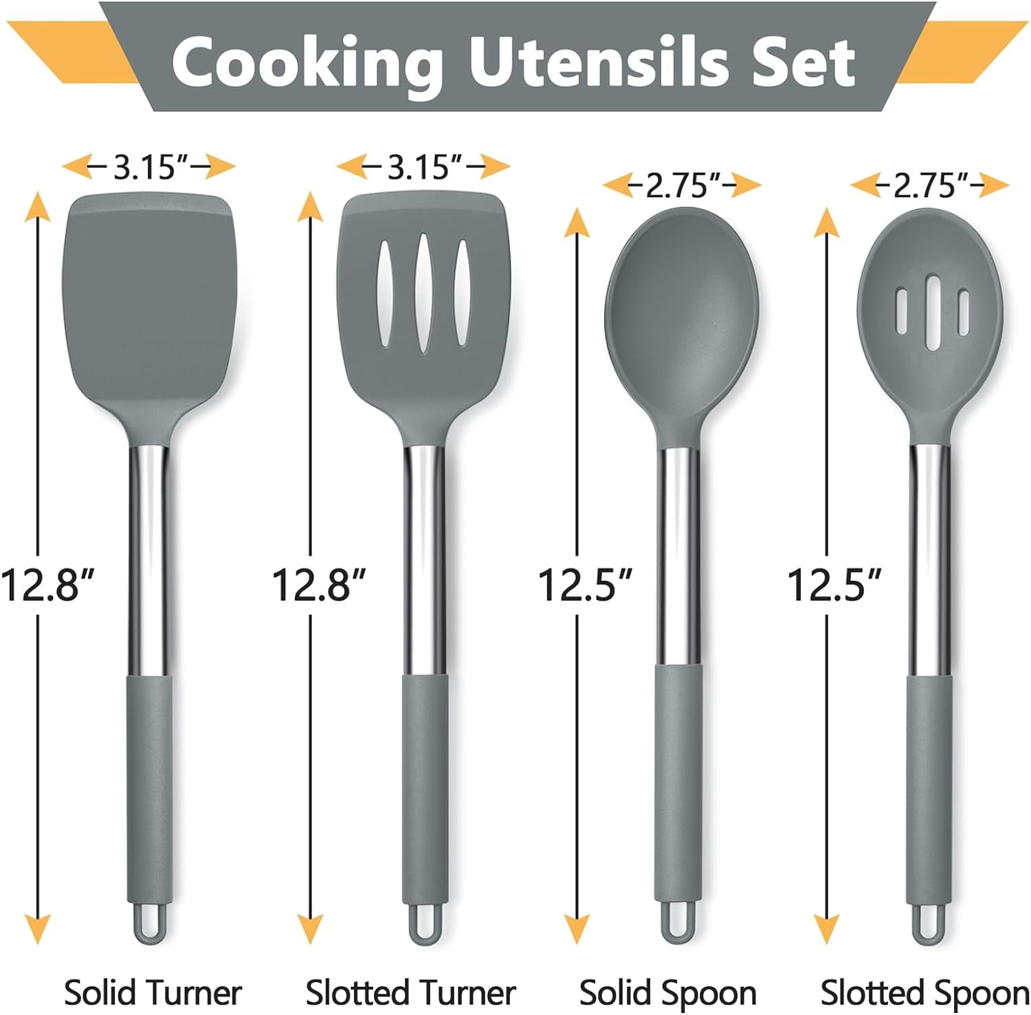 TRA-Gray Kitchen Cooking Utensil Set of 4, Silicone Solid Spatulas ...