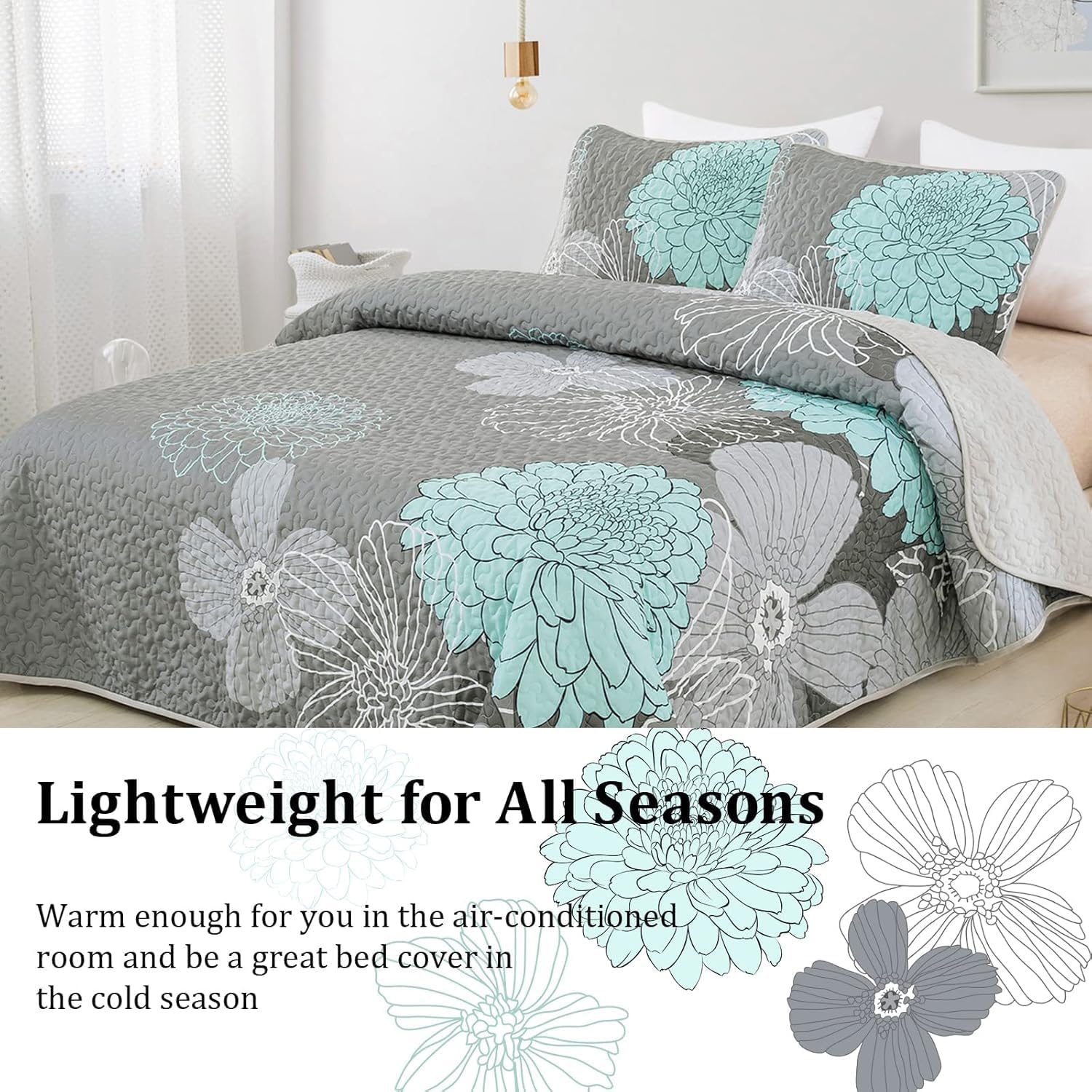 TRA-Green Floral Pattern Full Size Quilt Set - 3 Pieces Quilt Coverlet ...