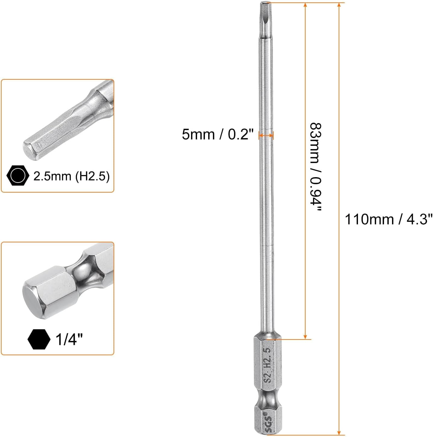 TRA-Hex Head Wrench Drill Bit 2.5mm (H2.5) Metric 1/4" Hex Shank 110mm ...