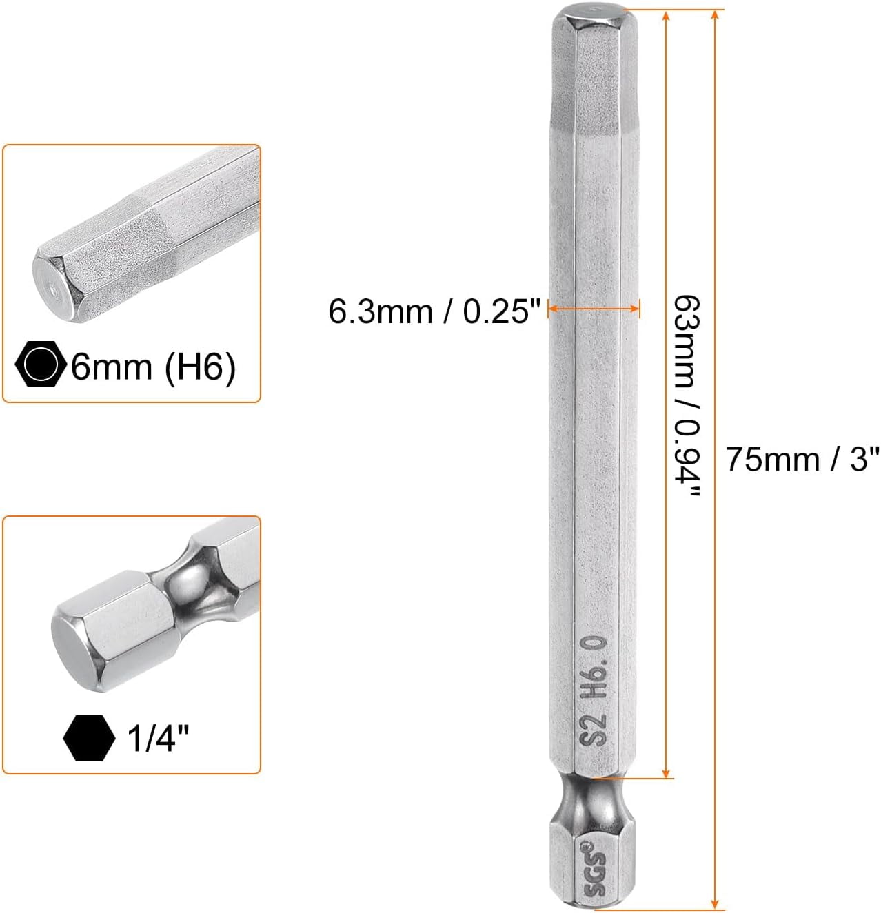 TRA-Hex Head Wrench Drill Bit 6mm (H6) Metric 1/4" Hex Shank 75mm (3 ...