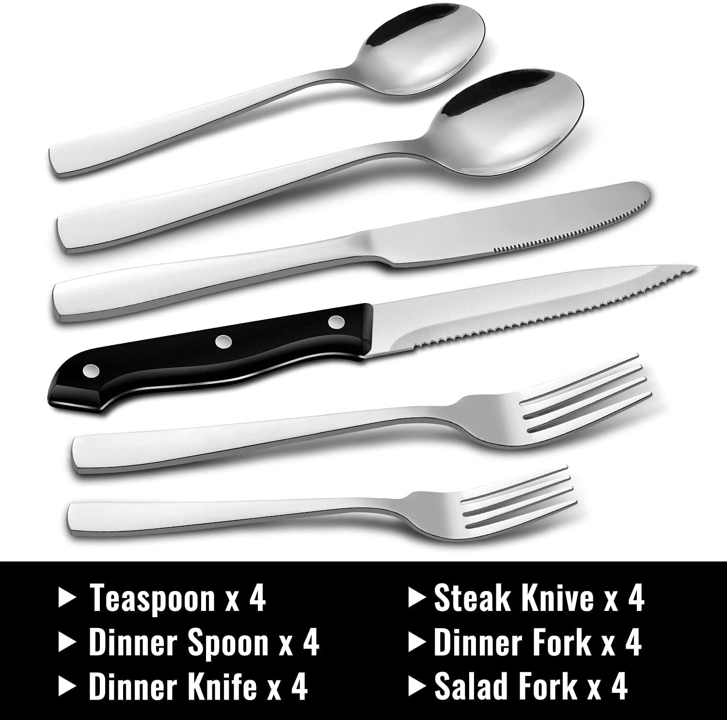 TRA-Hiware 24-Piece Silverware Set with Steak Knives, Stainless Steel ...