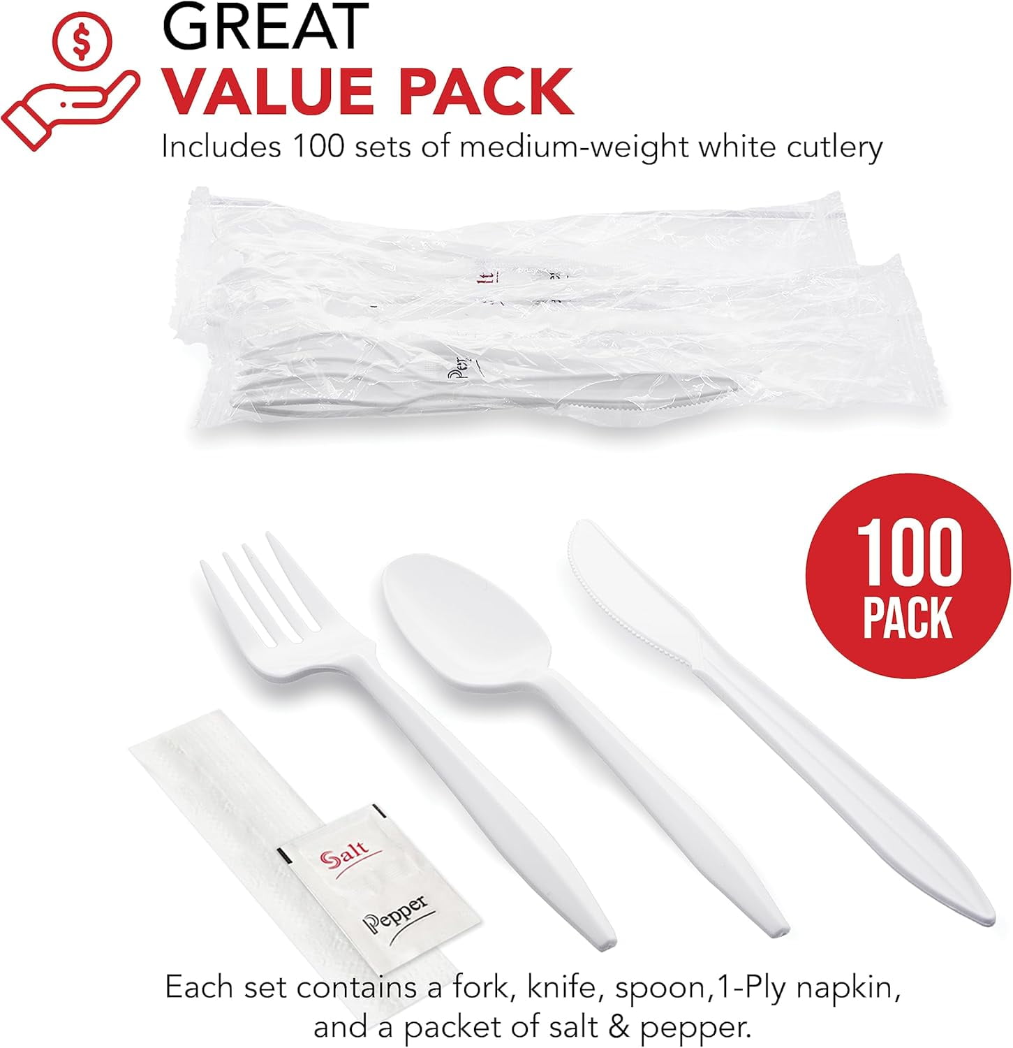 TRA-Individually Wrapped Plastic Cutlery Packets/Silverware Kits, White ...