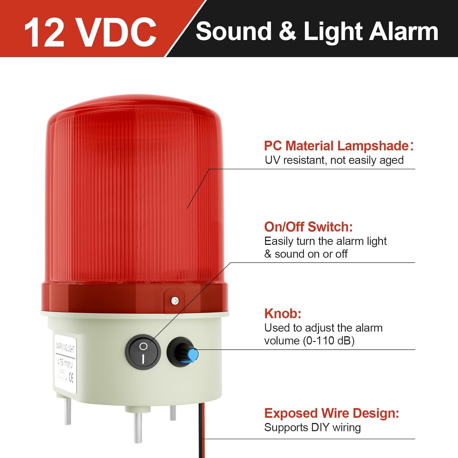 TRA-Industrial LED Rotating Strobe Warning Light, 12 VDC Sound & Light Alarm with Knob and ...
