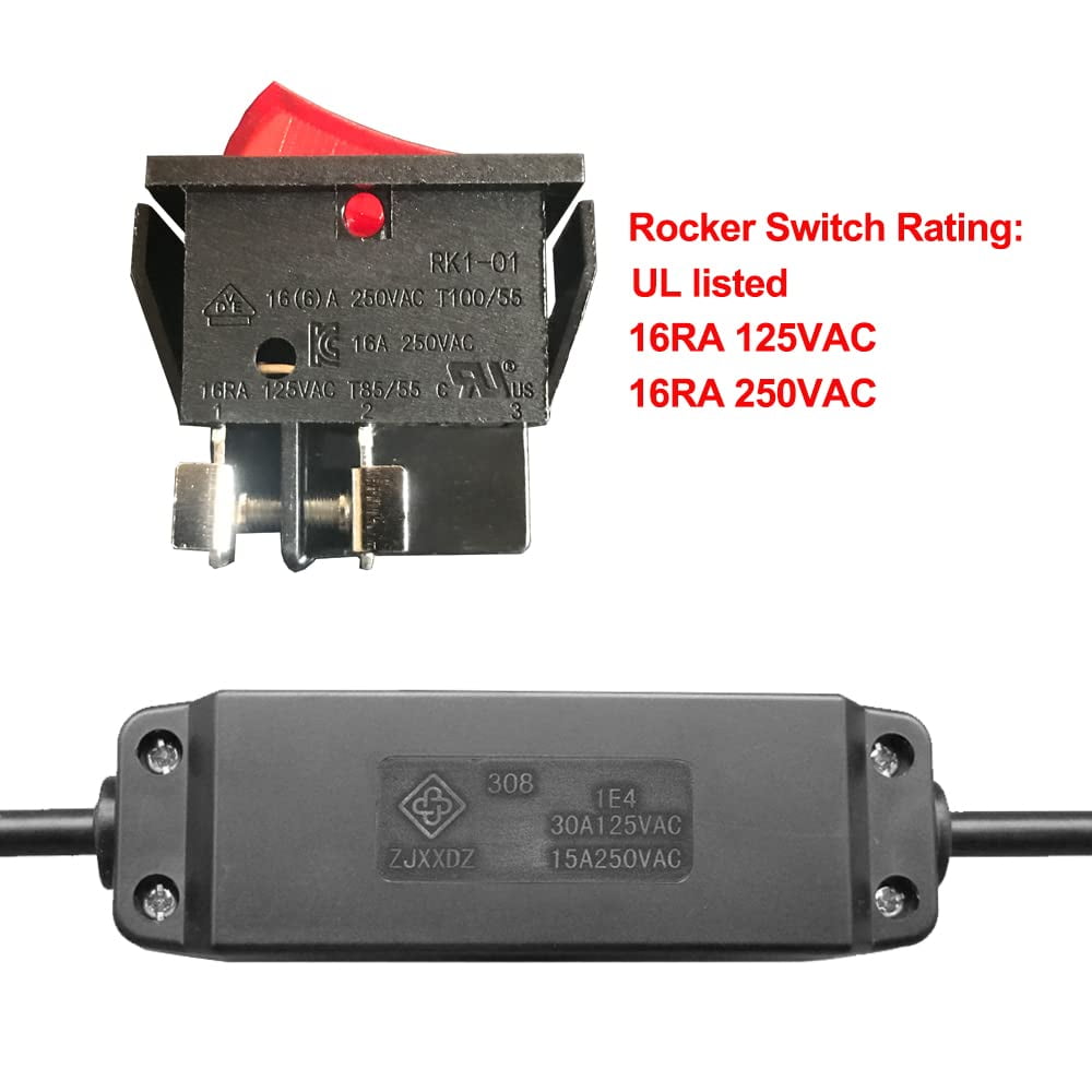 TRA-Inline Cord Switch, Heavy Duty 16A AC125V/250V Large Current in-Line On/Off Rocker Appliance ...