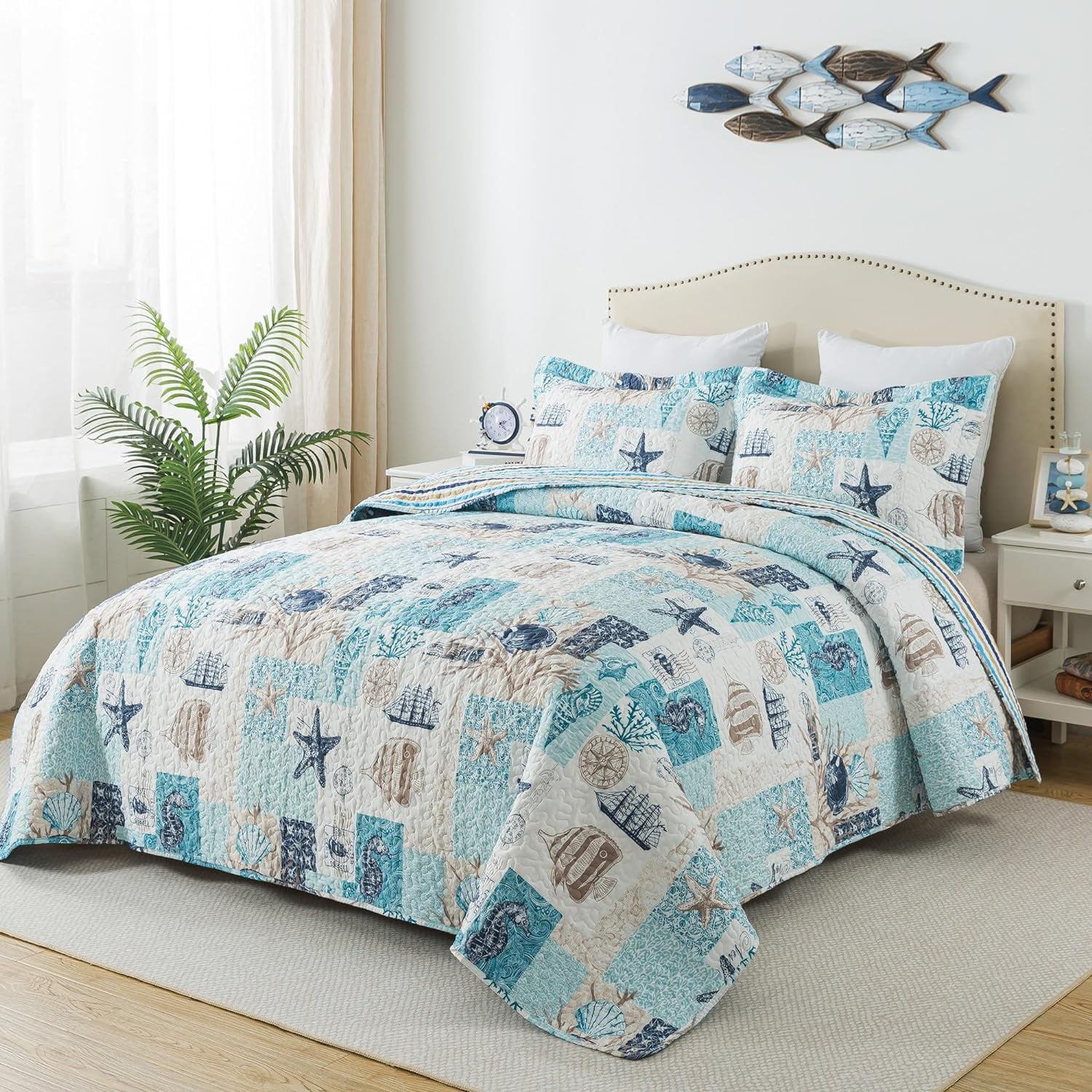 TRA-King Size Quilt Sets - 3 Pieces Coastal Bedspreads Beach Coverlets ...