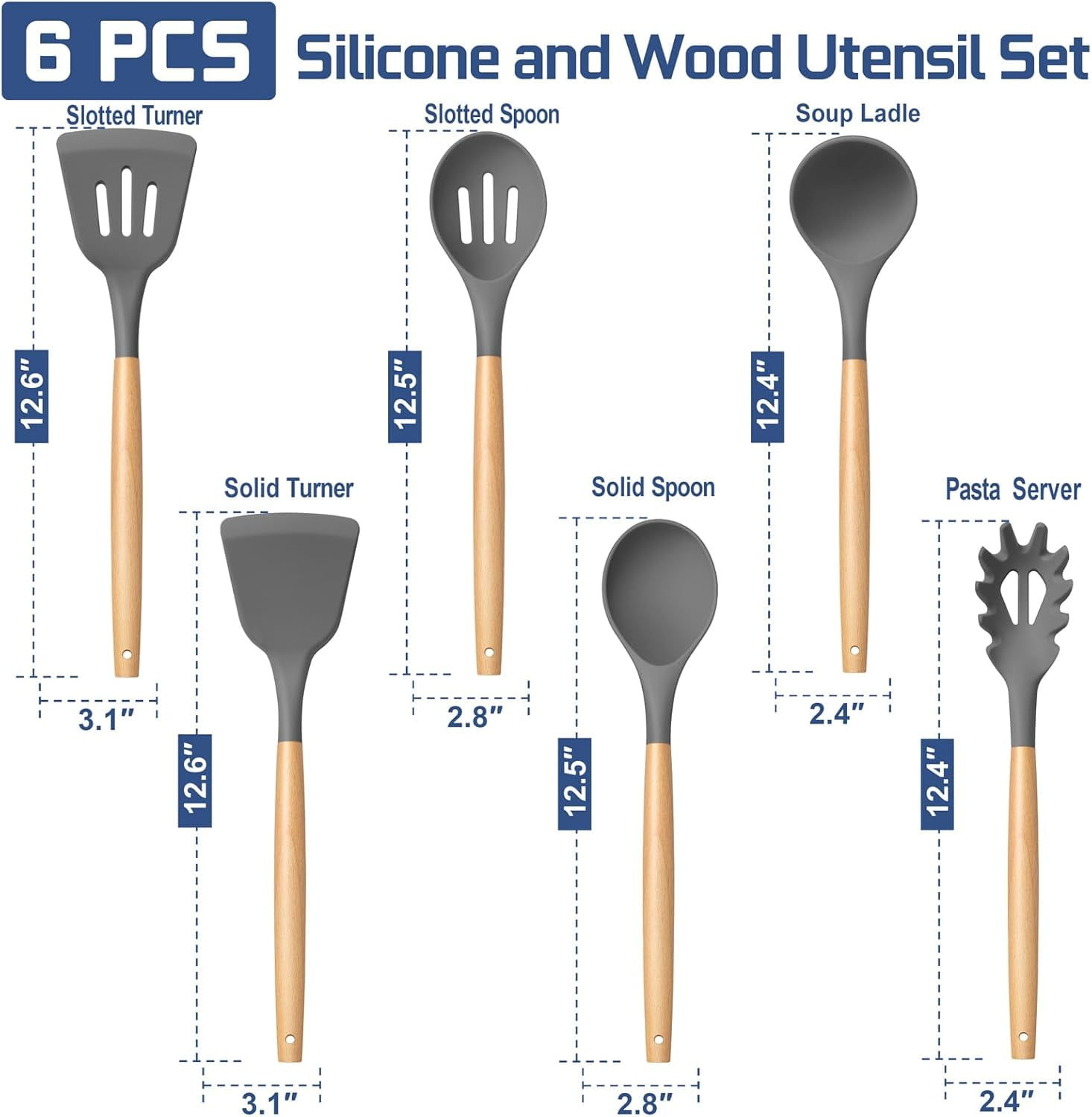 TRA-Kitchen Utensils Set of 6, Silicone Cooking Utensils with Wooden ...