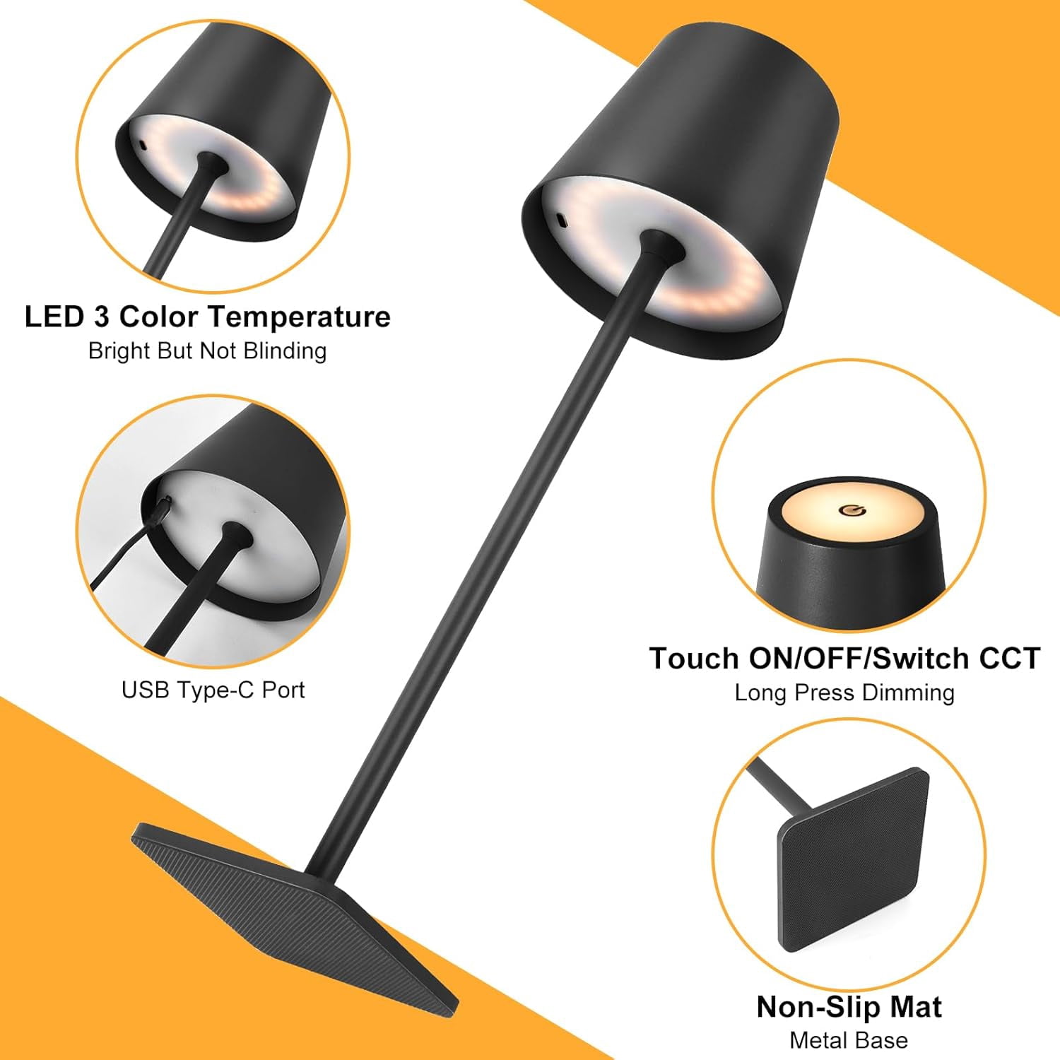 TRA-LED Portable Cordless Table Lamp 5000mAh Black Rechargeable Battery ...