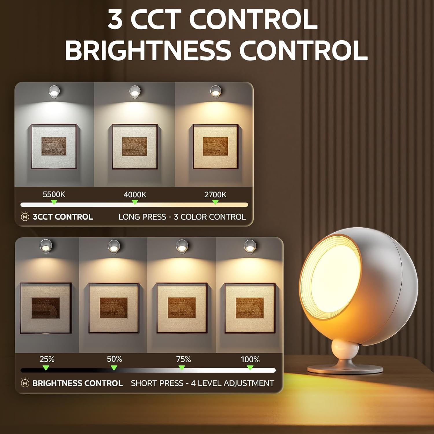 TRA-LED Wall Mounted Lights, Rechargeable Wall Sconce with 3 Color ...