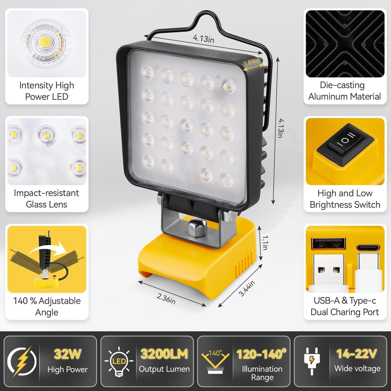 TRA-LED Work Light for Dewalt 18v 20v Battery, 50W 5400LM Flashlight ...