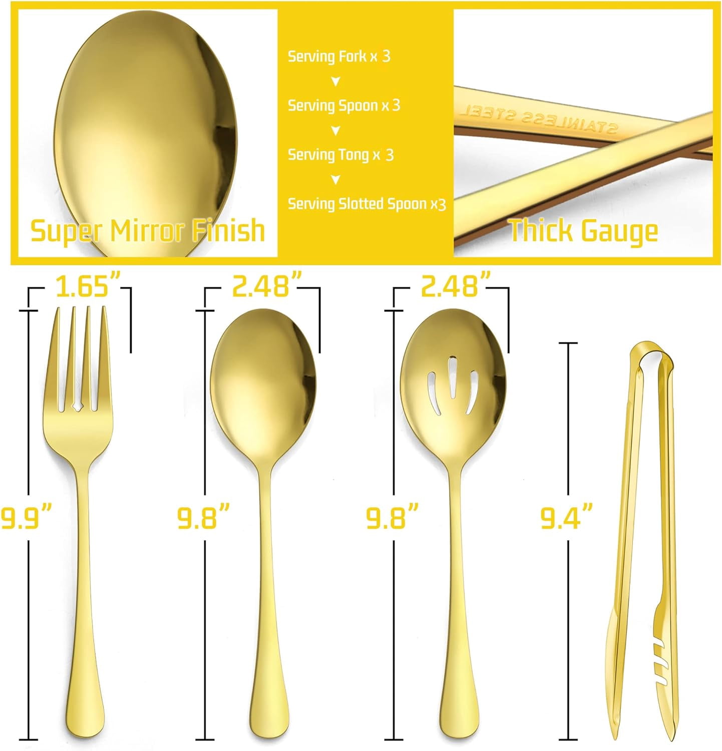TRA-Large Gold Serving Utensils Set of 12, Stainless Steel 9.8 Inch ...