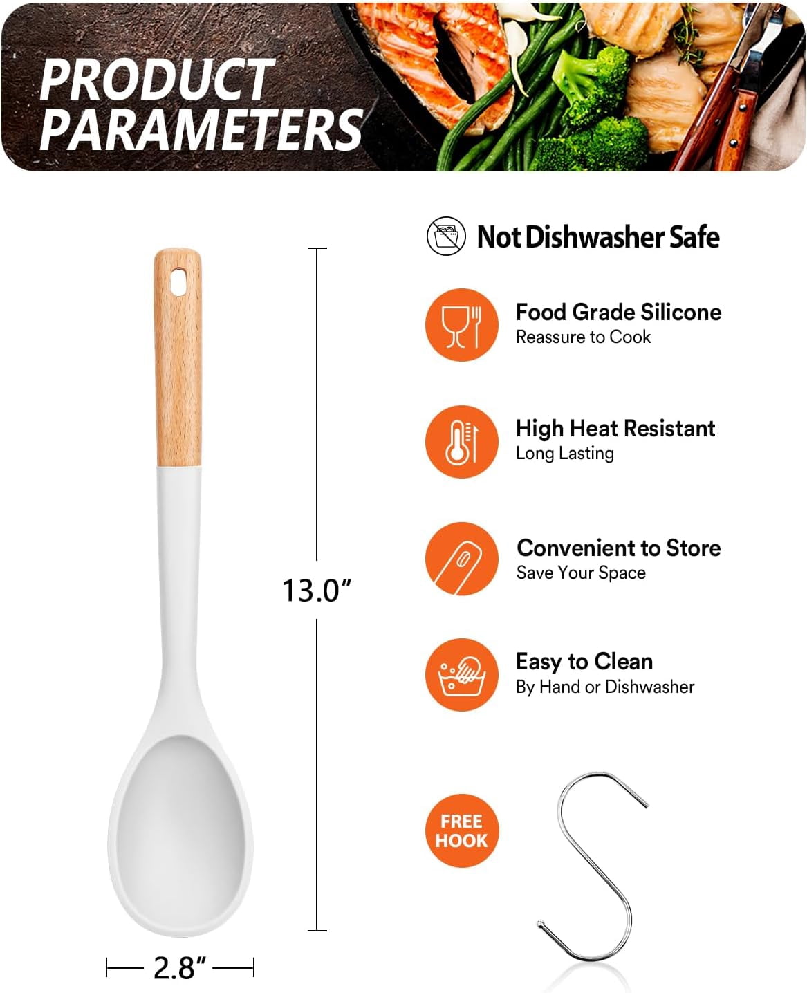 TRA-Large Silicone Cooking Spoons, Nonstick Solid Wooden Handle Spoon ...