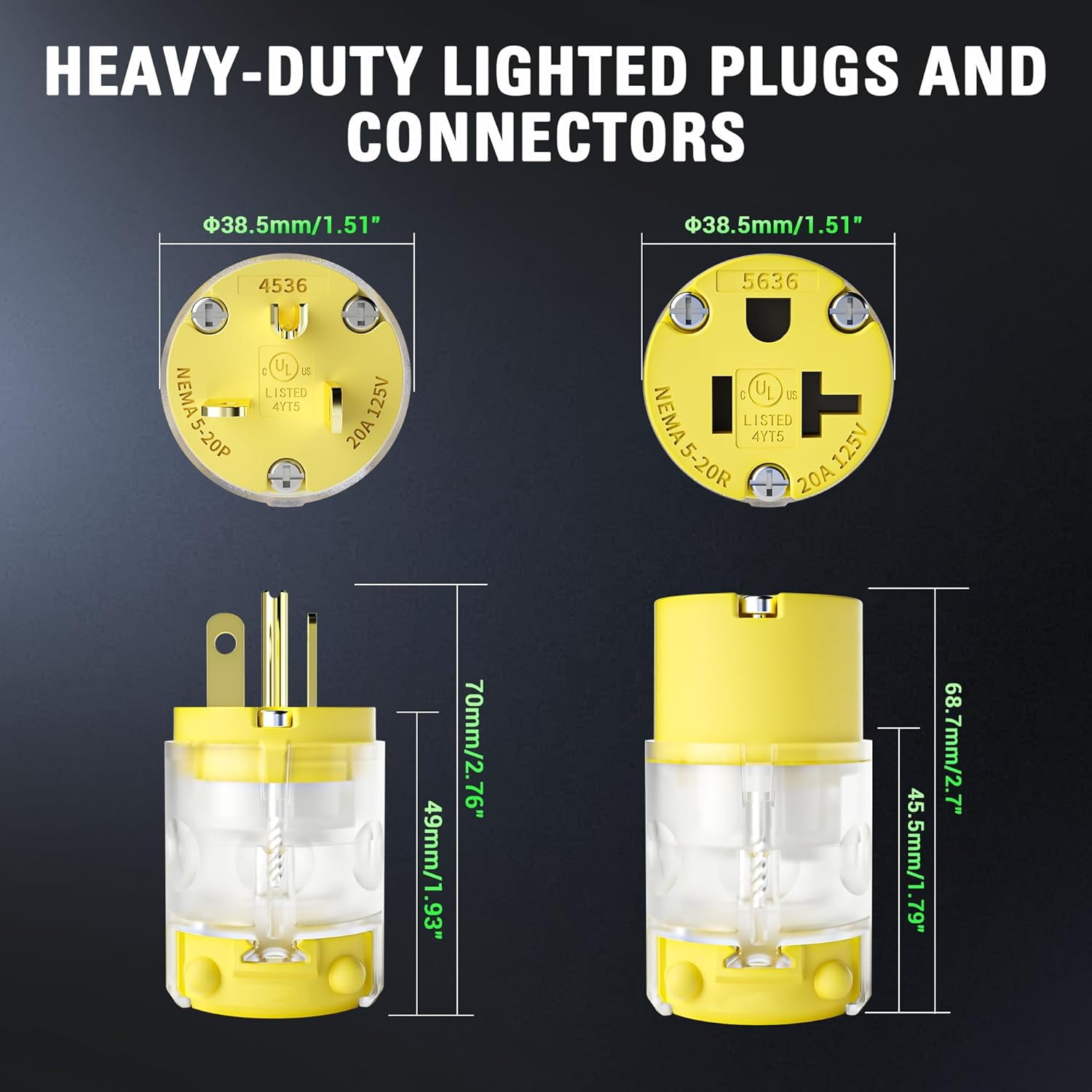 TRA-Lighted Plug and Connector Set, 20A 125V NEMA 5-20P & 5-20R ...