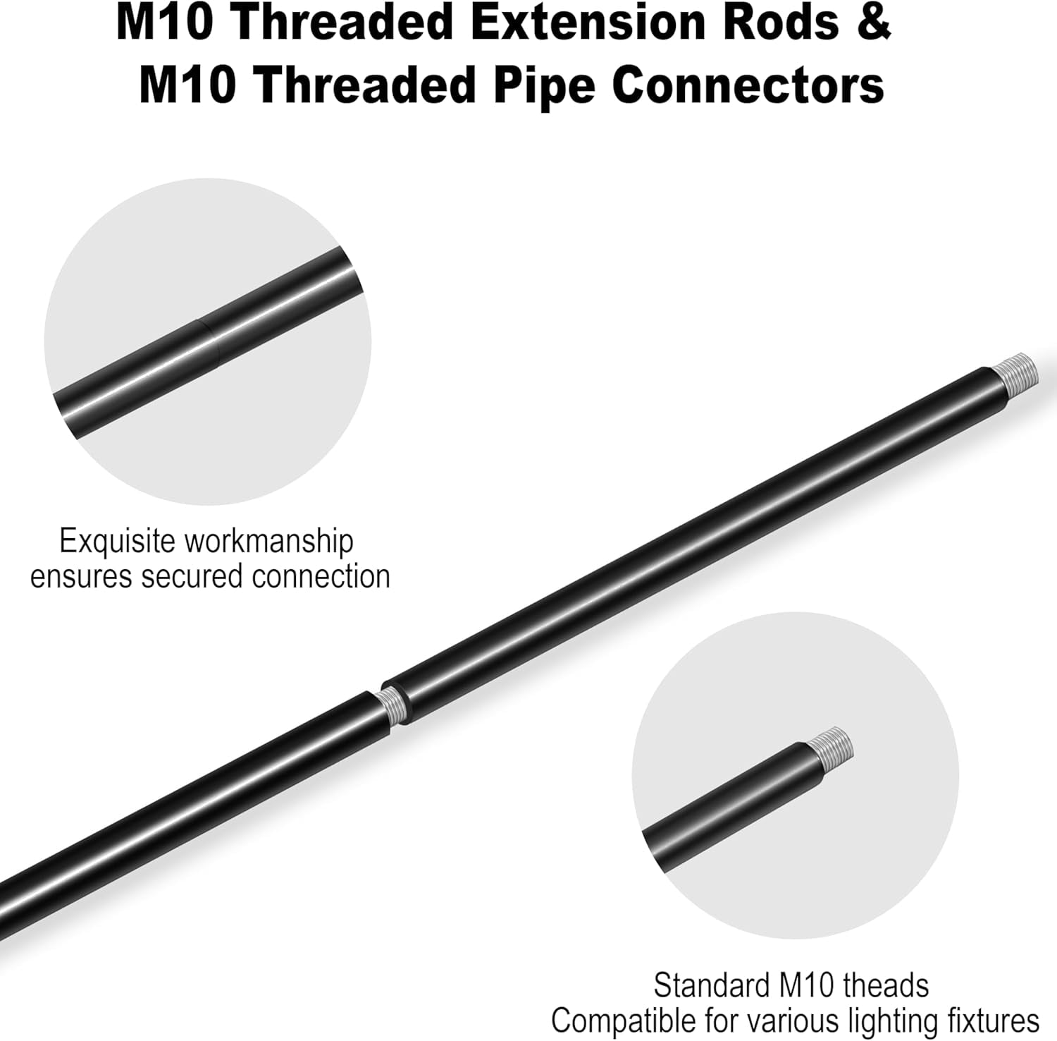 TRA-M10 Threaded Extension Poles Lighting Fixture Downrods Stems & 180 ...