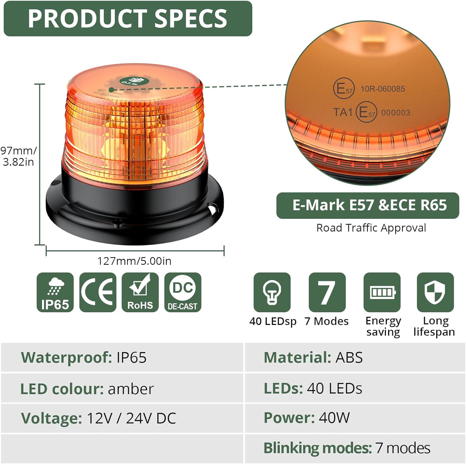 TRA-Magnetic Flashing Beacon Light, 40 LED Amber Waterproof Emergency ...