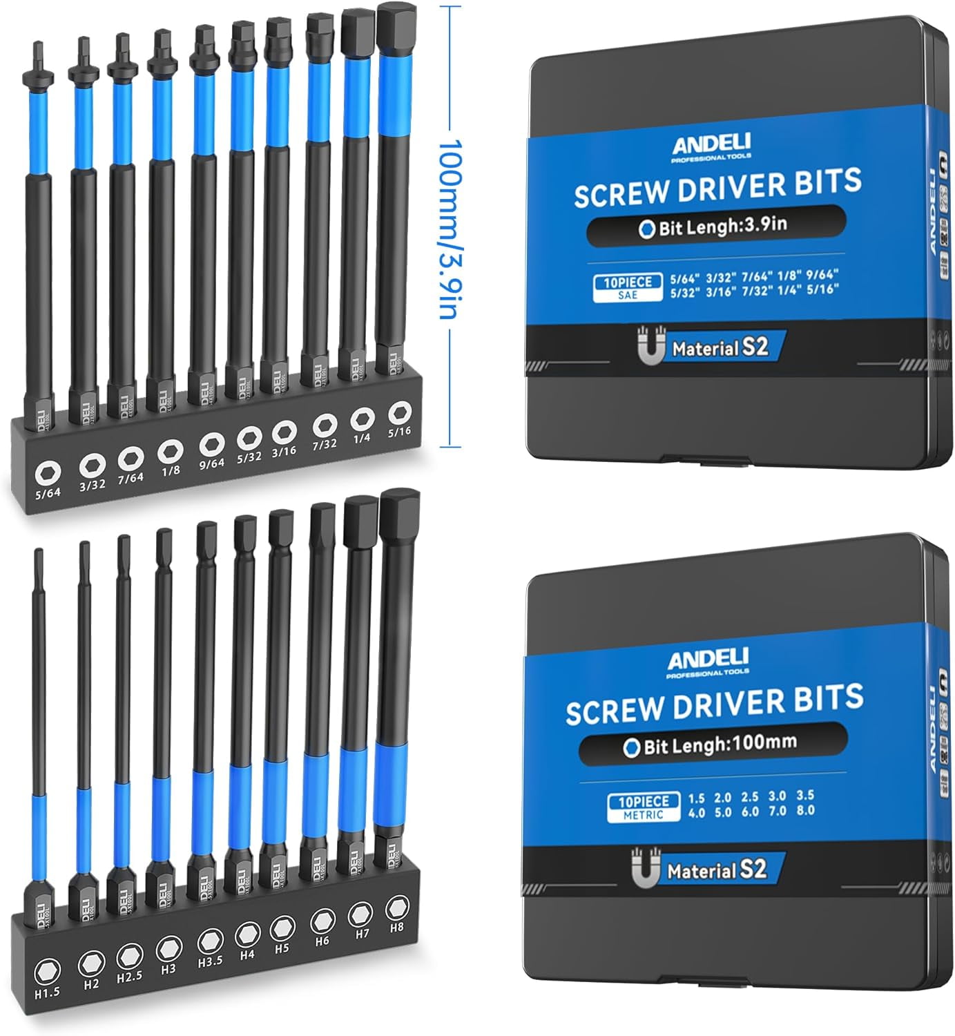 TRA-Magnetic Hex Screwdriver Bit Set, 1/4\u201d Hex-Shank3.9" Long 20pcs (Metric & Piec) Impact ...