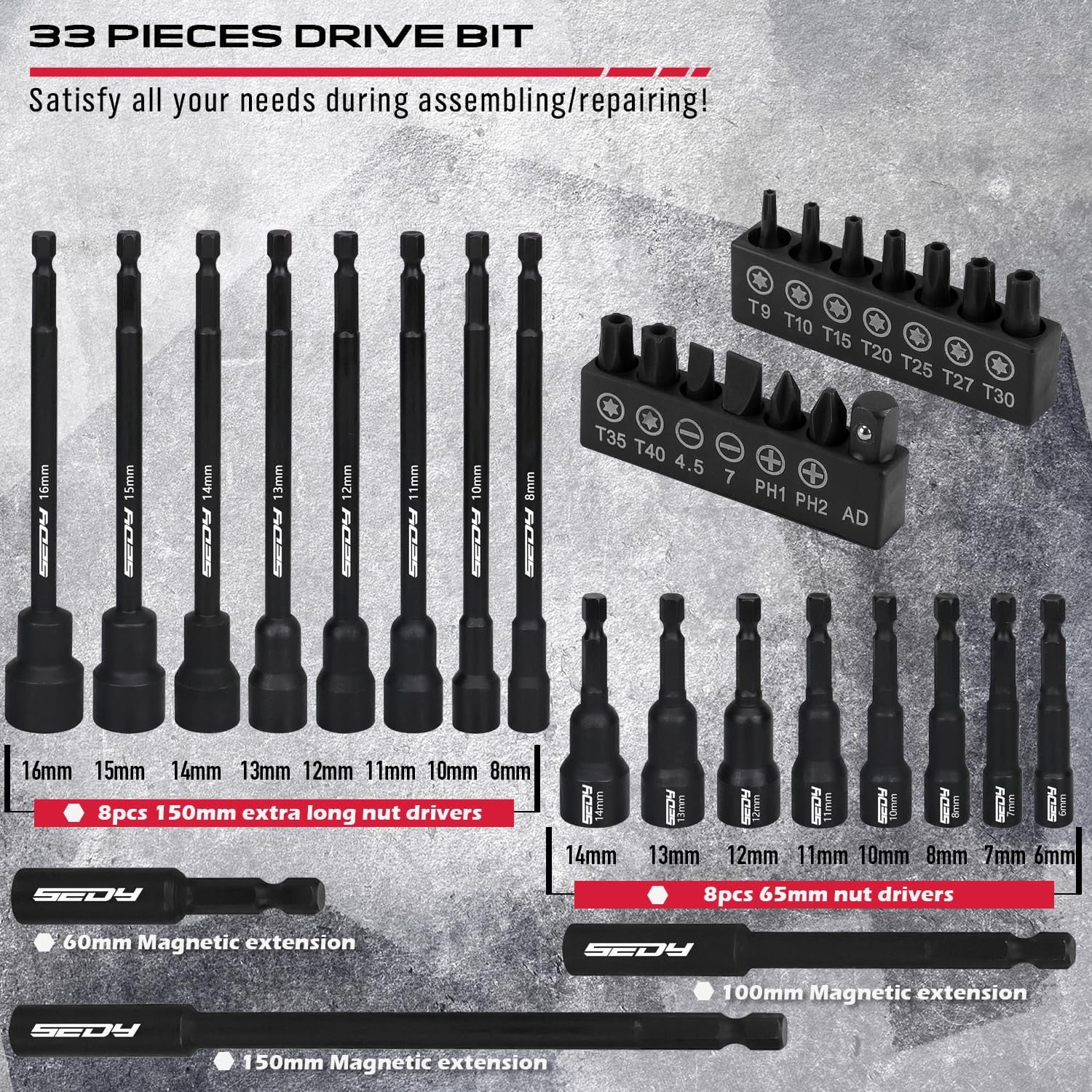 TRA-Magnetic Impact Long Nut-Driver Set:33-Piece Metric Hex Nut Driver Drill Bit with ...