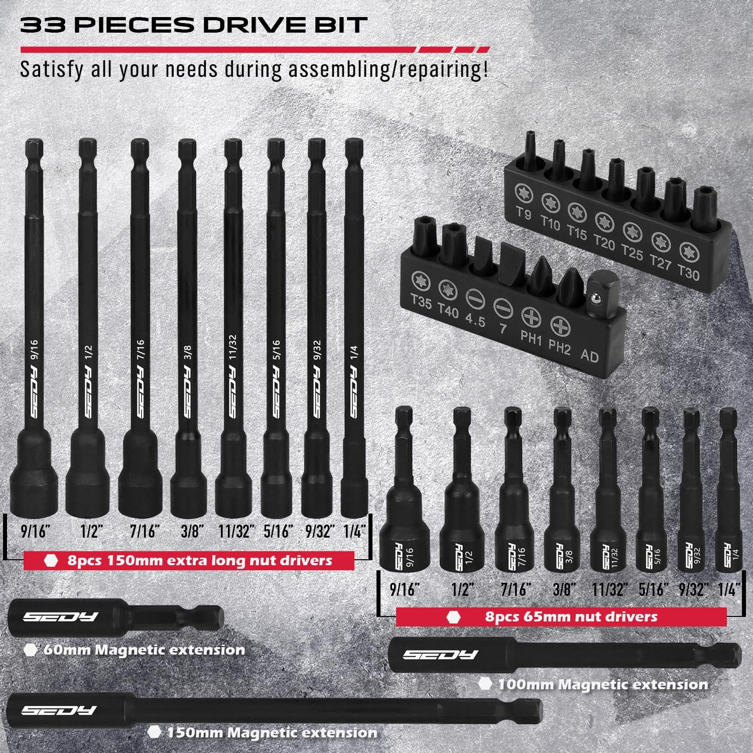 TRA-Magnetic Impact Long Nut-Driver Set:33-Piece SAE Hex Nut Driver ...