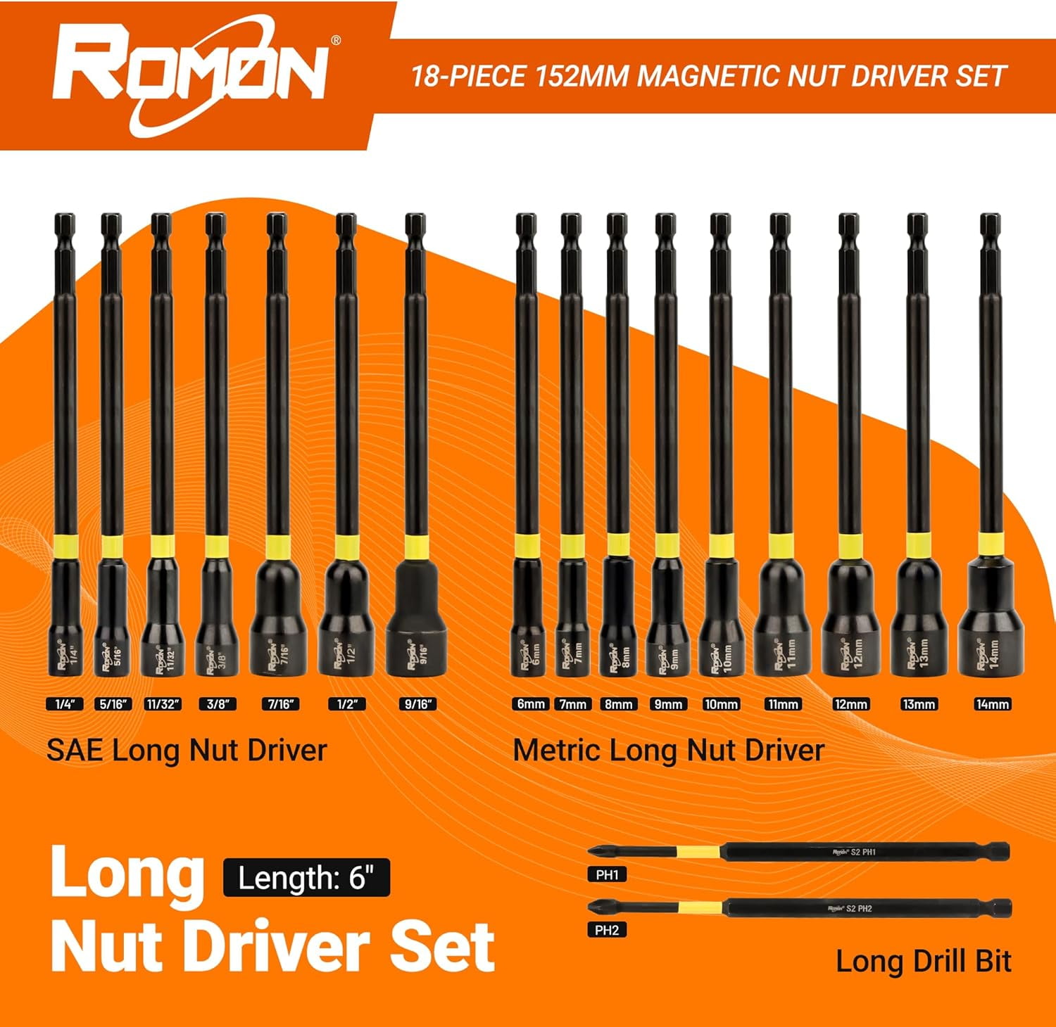 TRA-Magnetic Long Nut Driver Set by , 18 Pcs Shank Nut Driver for Impact Drill Driver, SAE and ...