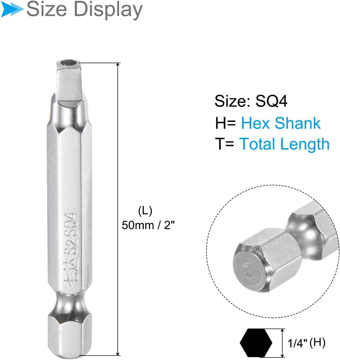 TRA-Magnetic Square Bits, SQ4 Head 1/4" Hex Shank 2" Length, S2 Steel 5 ...