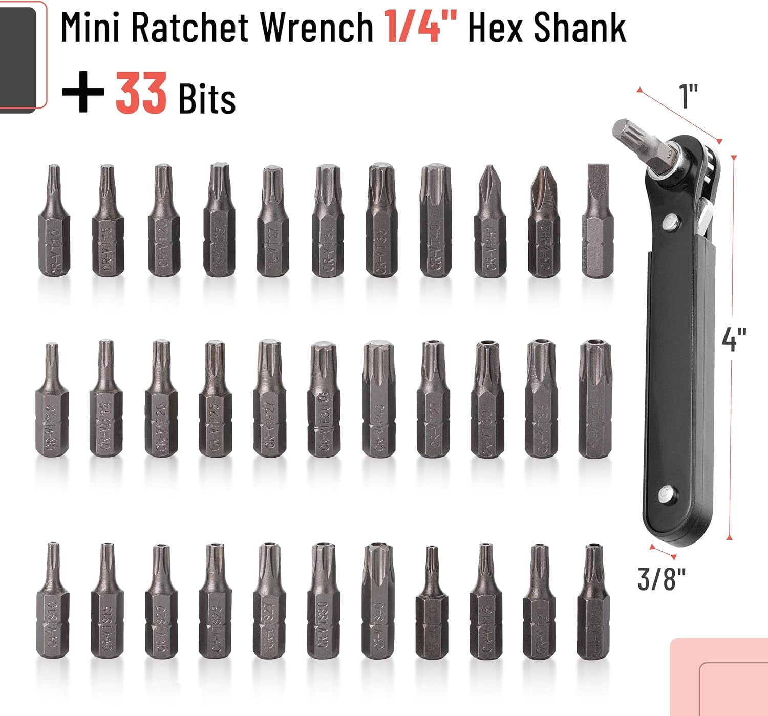 TRA-Mini Ratchet Set, 34 pcs, 1/4-Inch Drive, Cr-V Steel, Security Bit ...