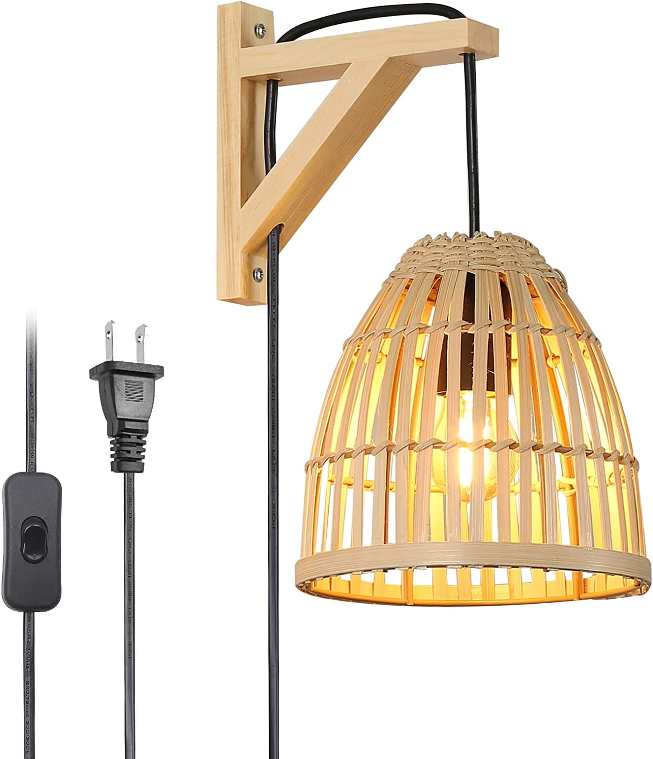 TRA-Modern Bamboo Lampshade Plug in Wall Lamps with Wooden Rack Wall ...