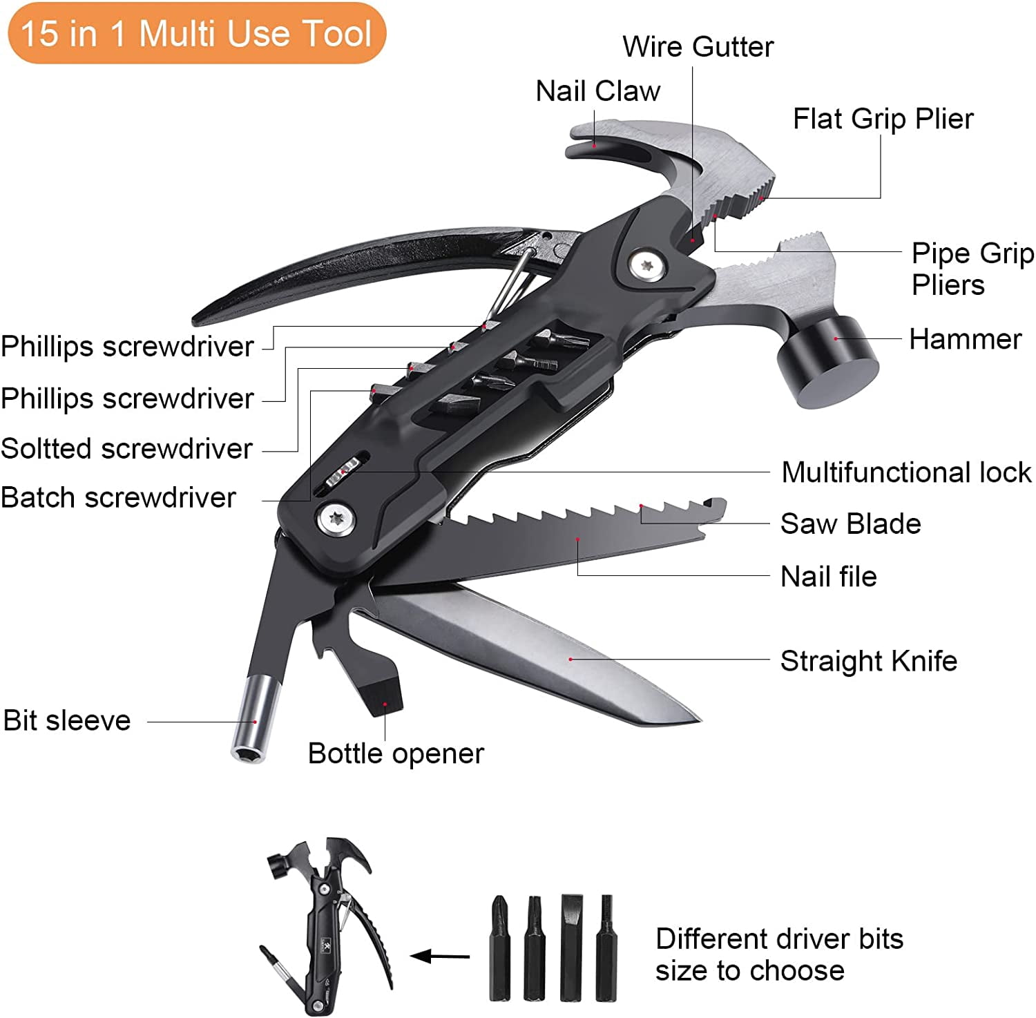 TRA-Multi-Tool Hammer Multi-Functional 15 in 1 Mini Pliers Camping Gear ...