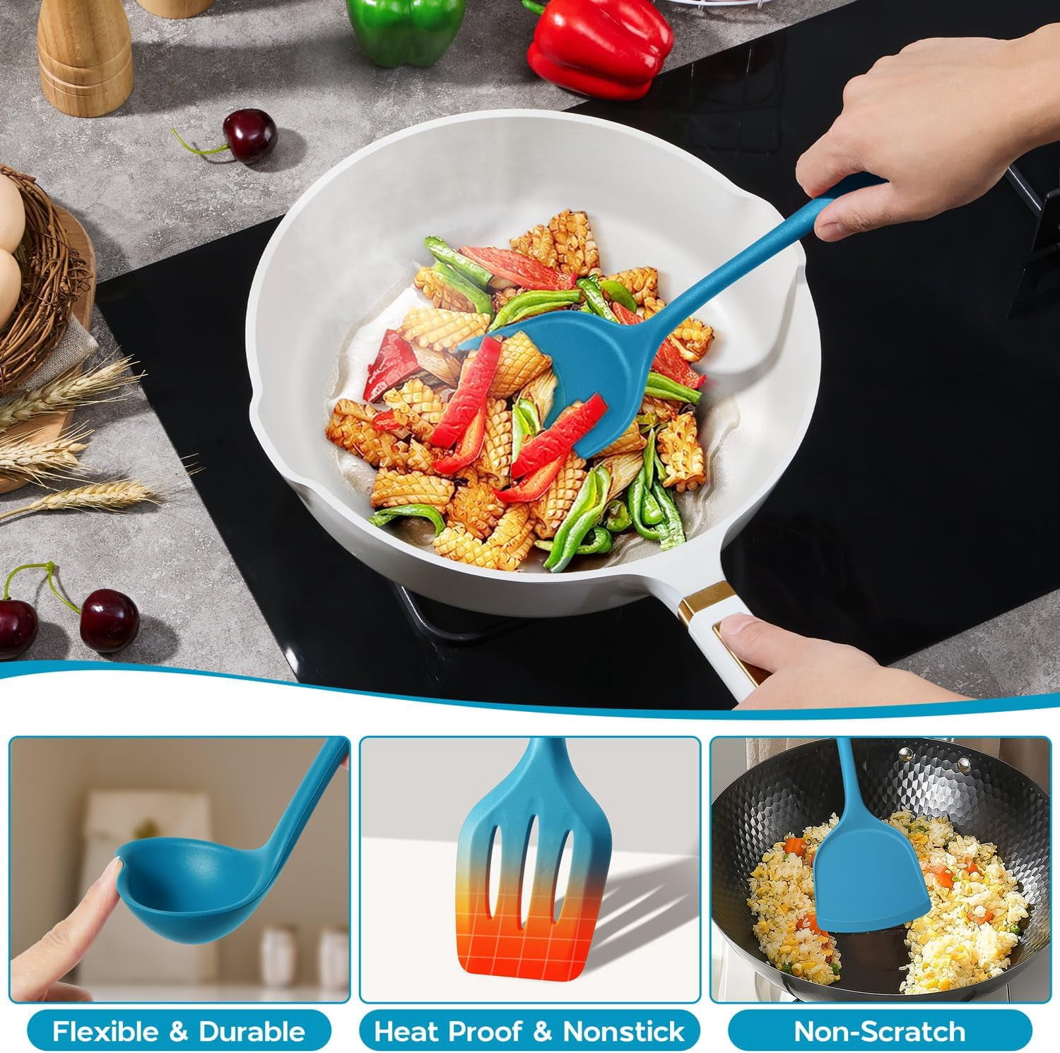 TRA-Navy Blue Kitchen Utensils Set Silicone Cooking Utensils Set of 10 ...