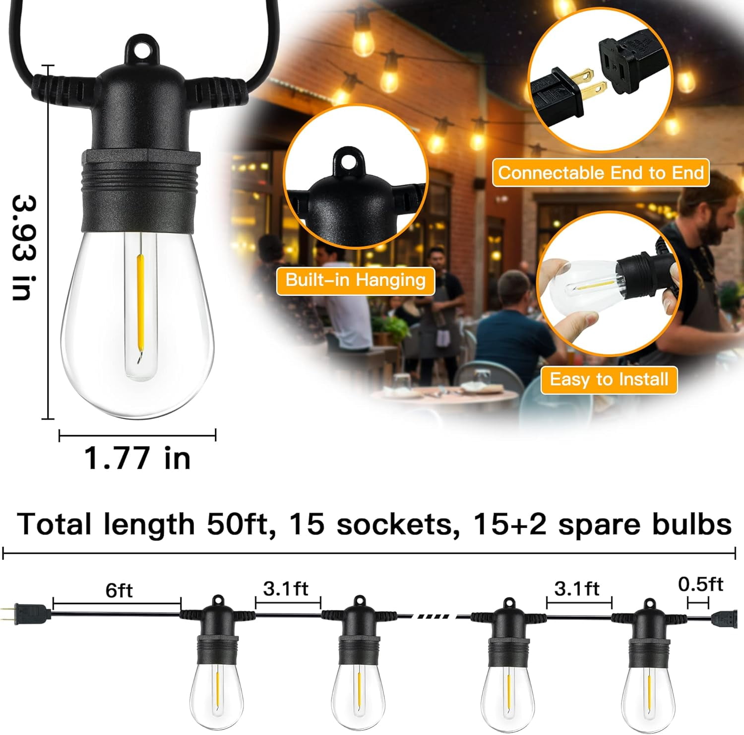 TRA-Outdoor String Lights, 50 FT Waterproof Connectable Patio Lights ...