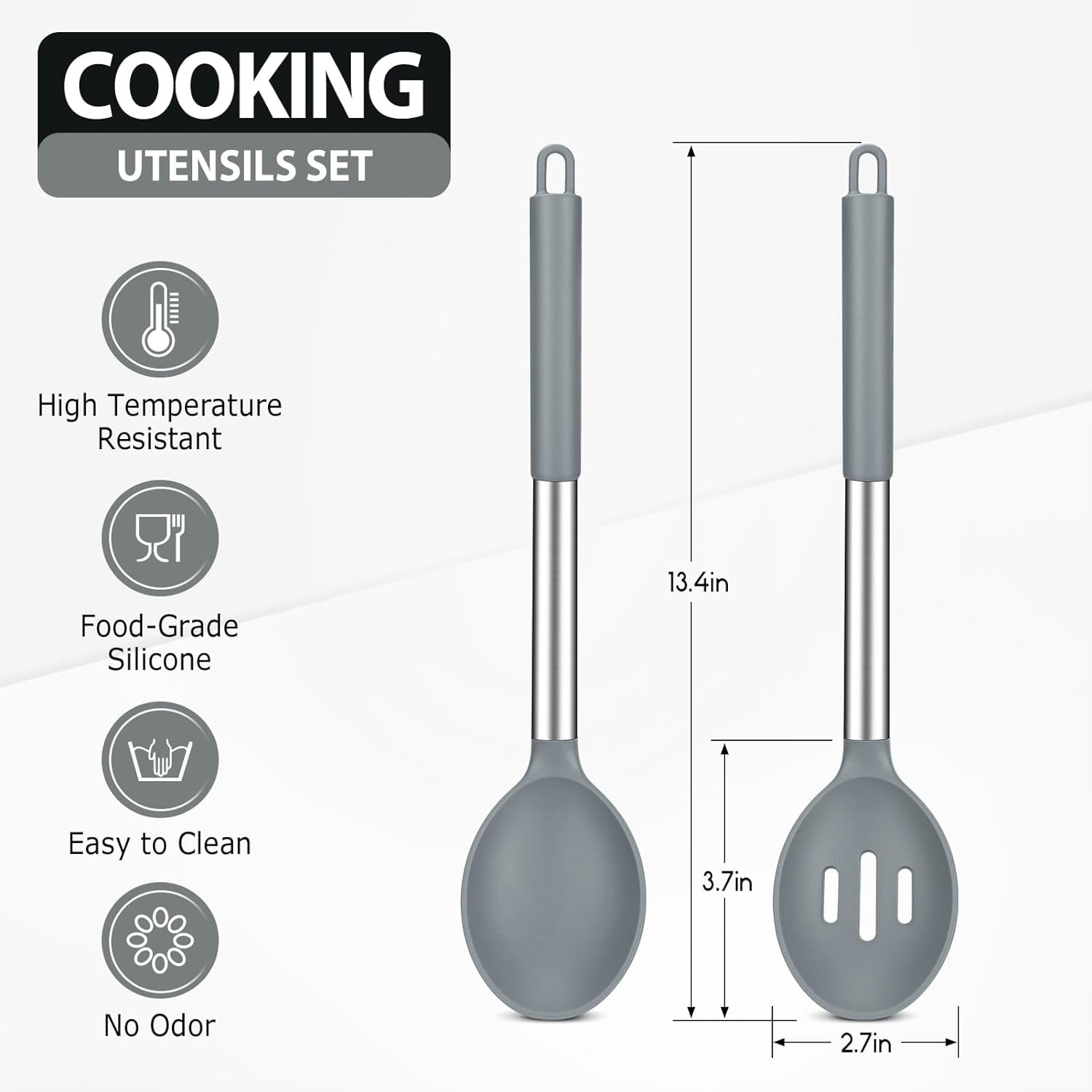 TRA-Pack of 2 Large Silicone Cooking Spoons, Non-Stick Stainless Steel ...
