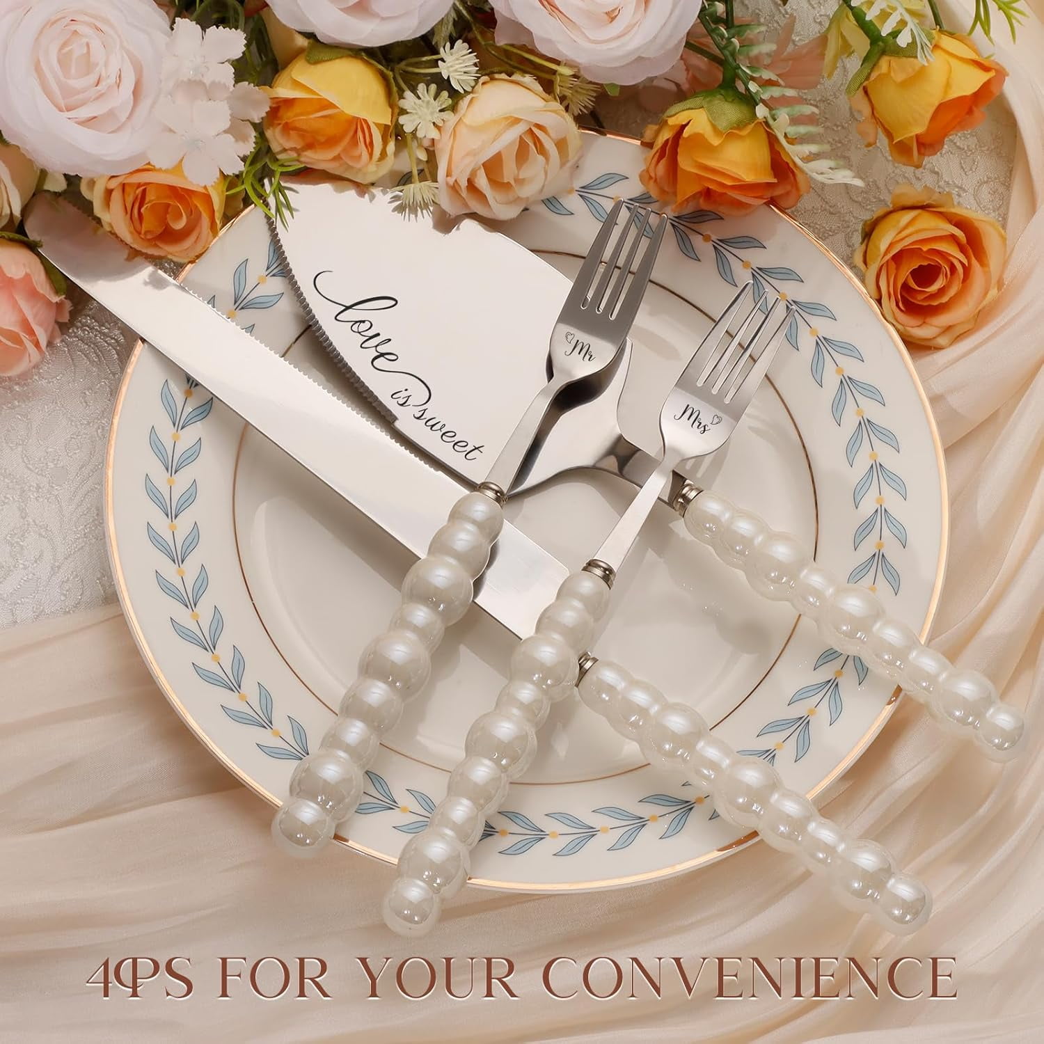 TRA-Pearl Wedding Cake Cutting Set with Forks, Cake Knife and Server ...