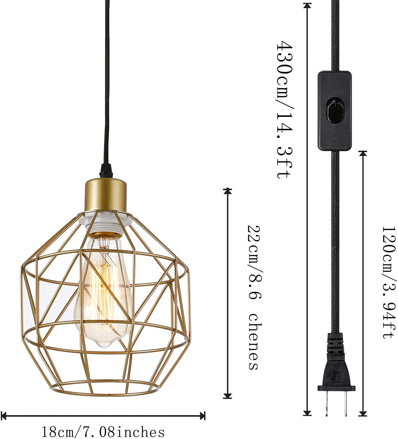 TRA-Plug in Pendant Light,Industrial Metal Hanging Lignt with Plug-in ...