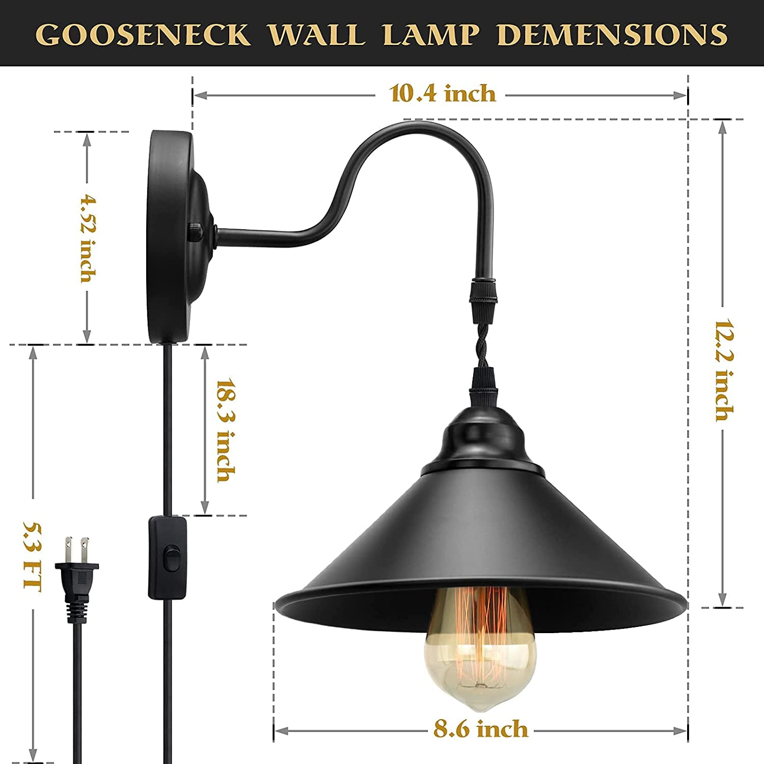 TRA-Plug in Wall Sconces, Vintage Plug in Wall Lamp Set of 2 with On/Off Switch, Metal Black ...