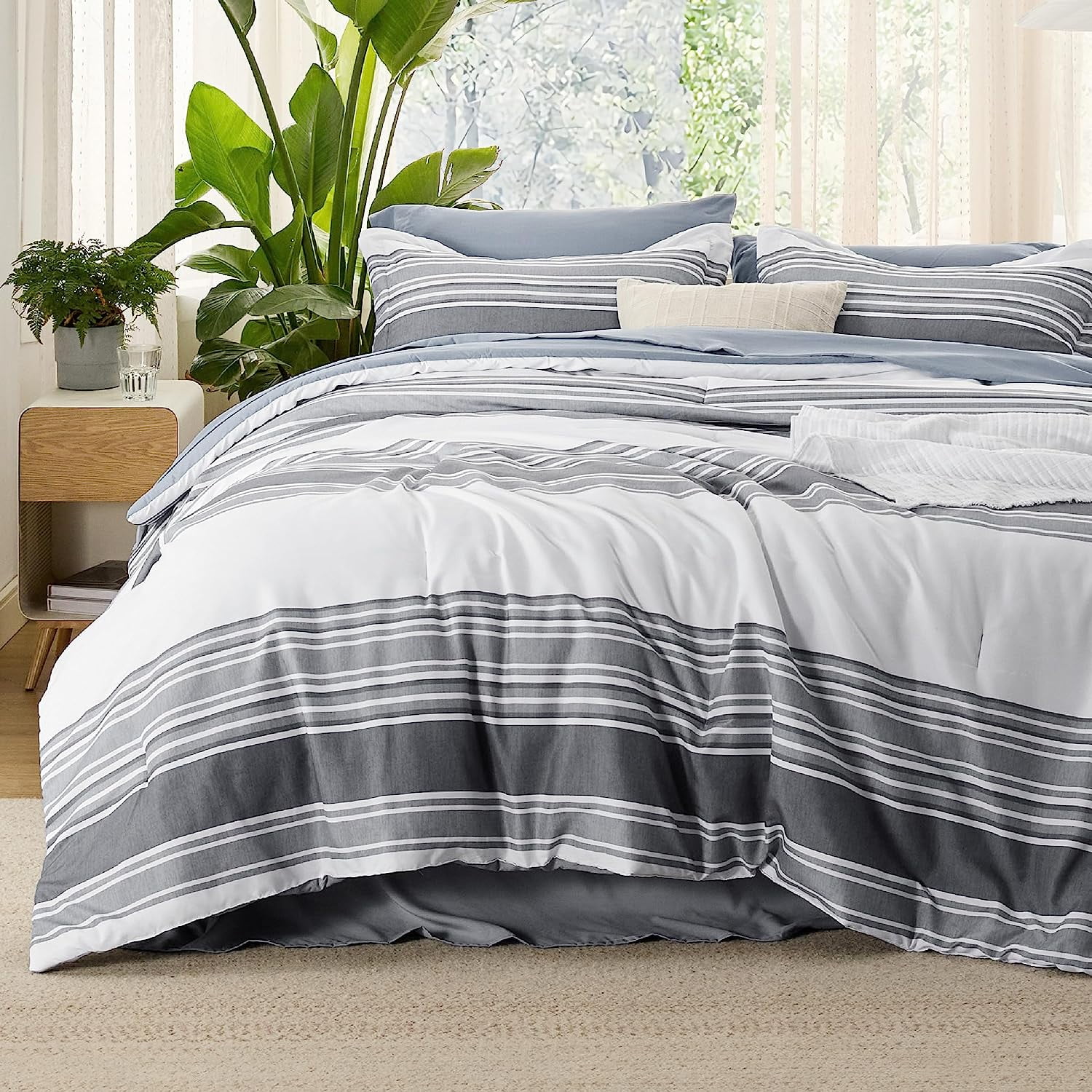 TRA-Queen Comforter Set 7 Pieces, Dark Grey Striped Bedding Set for ...