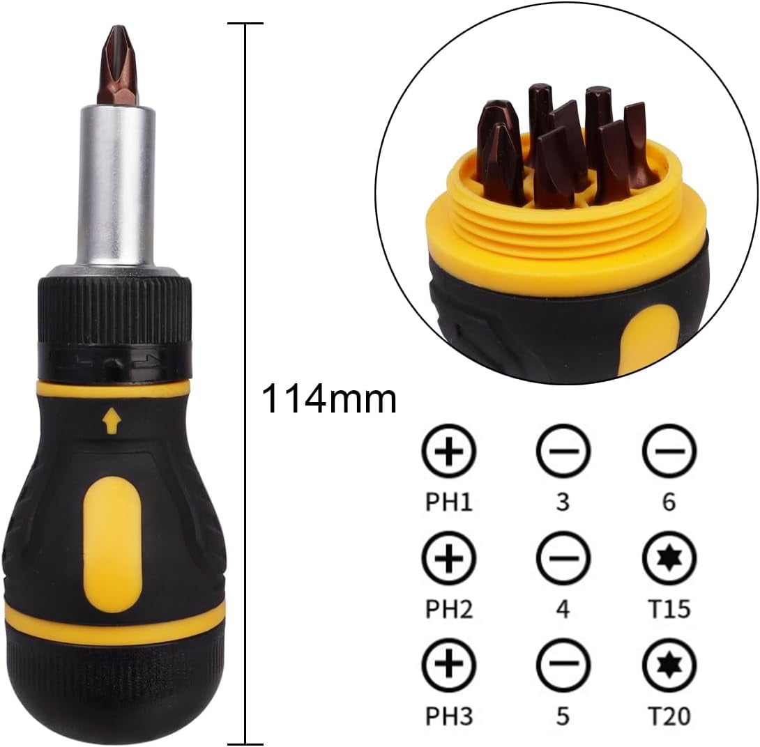TRA-Ratcheting Screwdriver, 9-in-1 Stubby Screwdriver Multi Ratchet ...