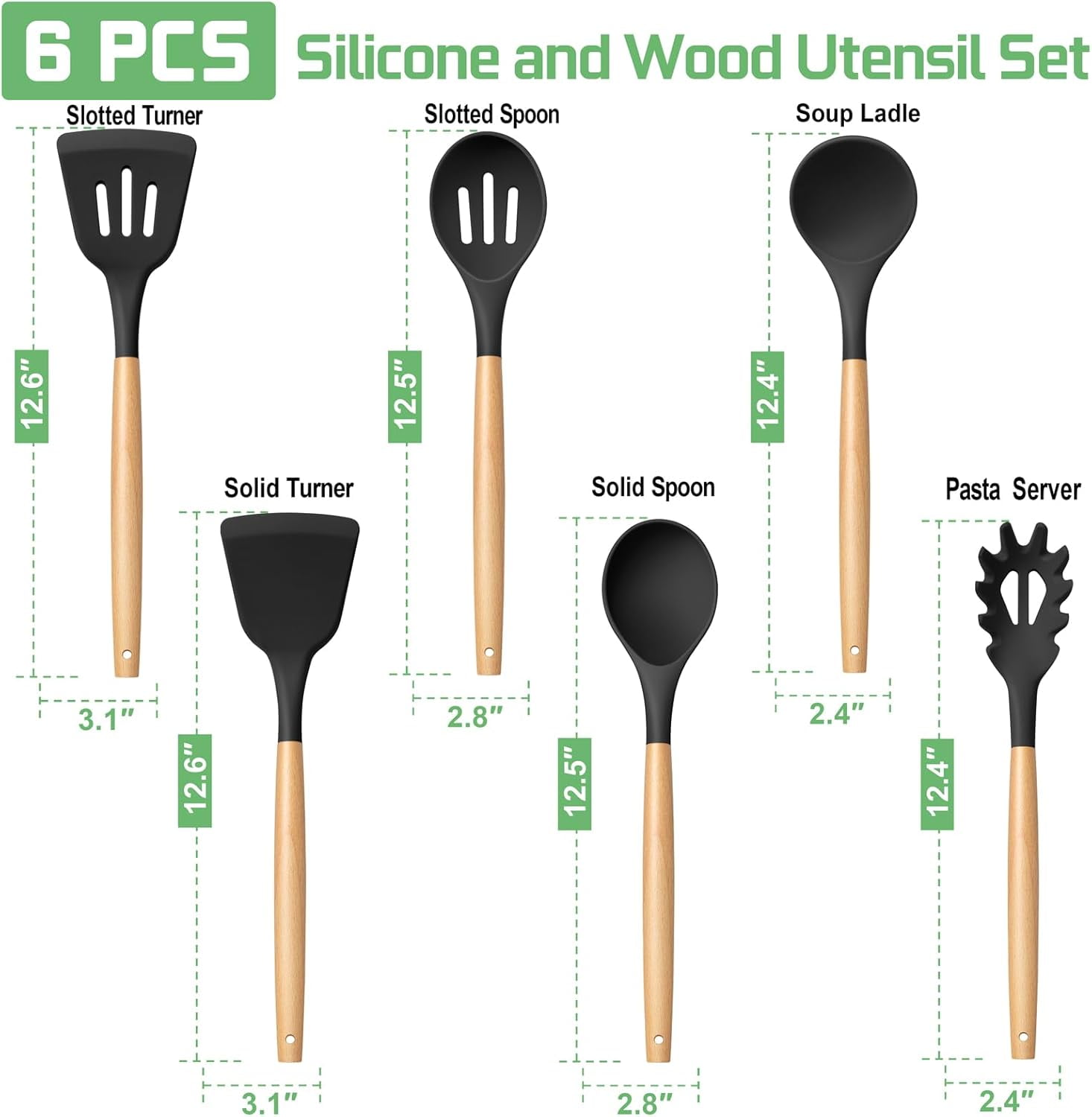 TRA-Silicone Cooking Utensils Set of 6, Kitchen Utensils with Wooden ...