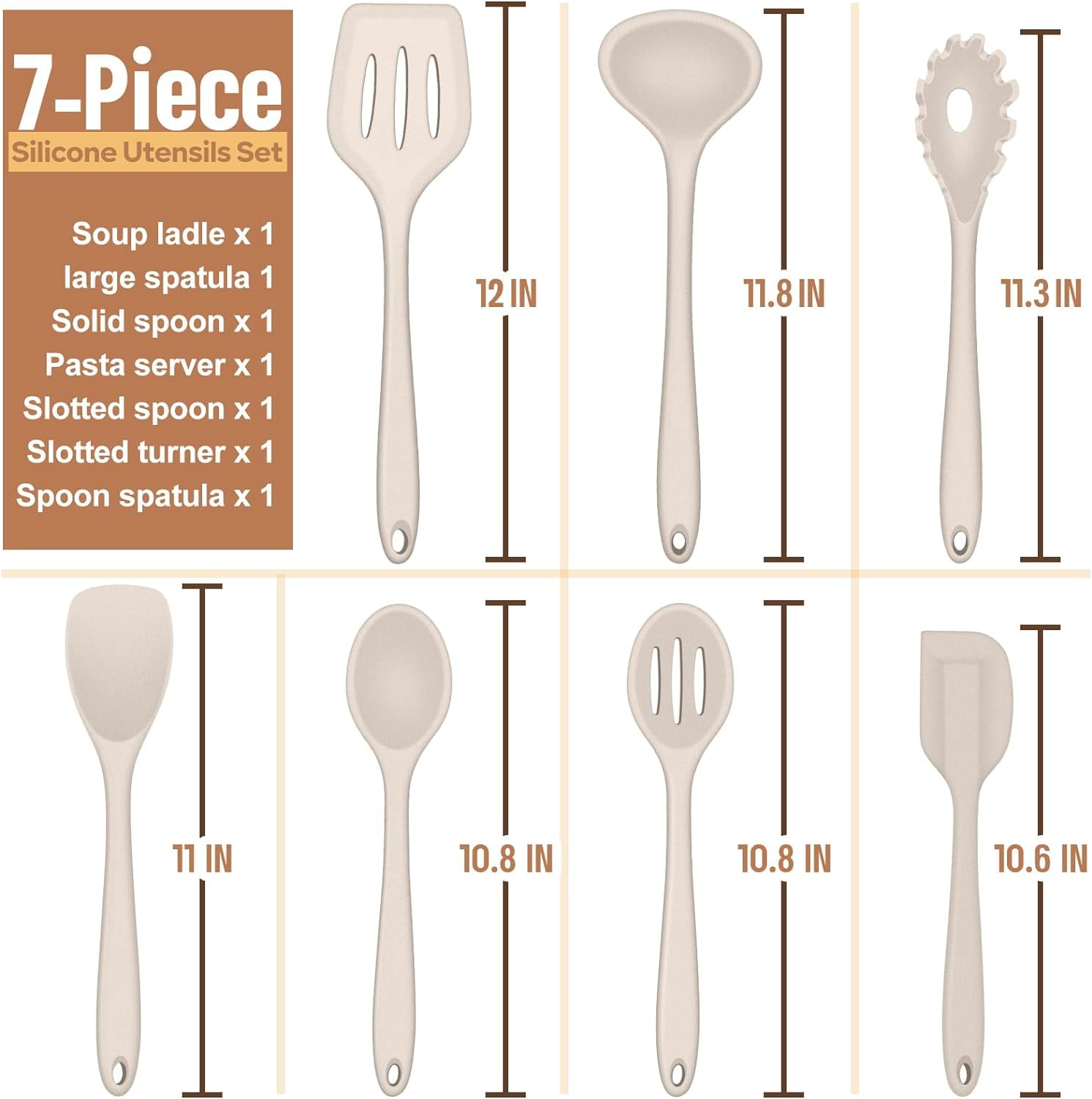 TRA-Silicone Cooking Utensils Set, 7-Piece Khaki Heat Resistant Kitchen ...