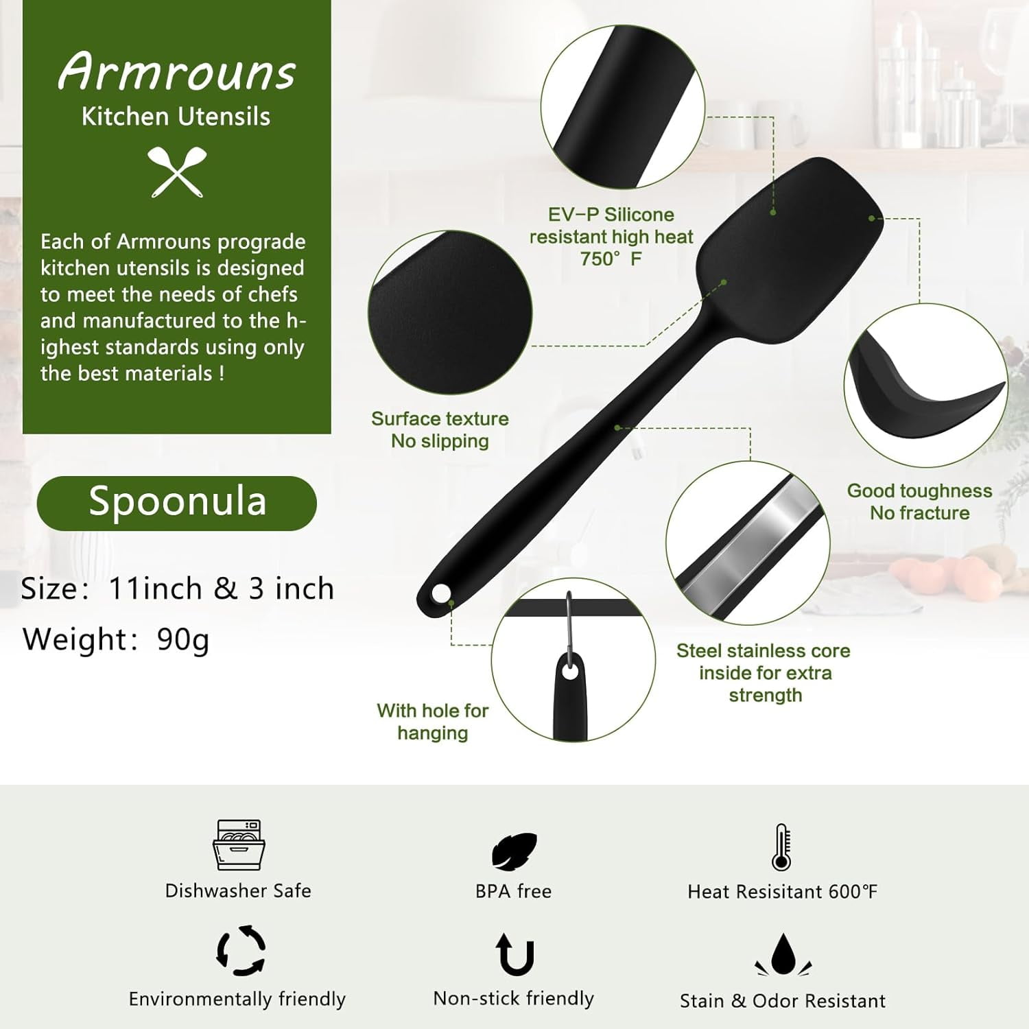 TRA-Silicone Spatula Spoon, 11.2" Heat Resistan Rubber Spoonula, Black ...