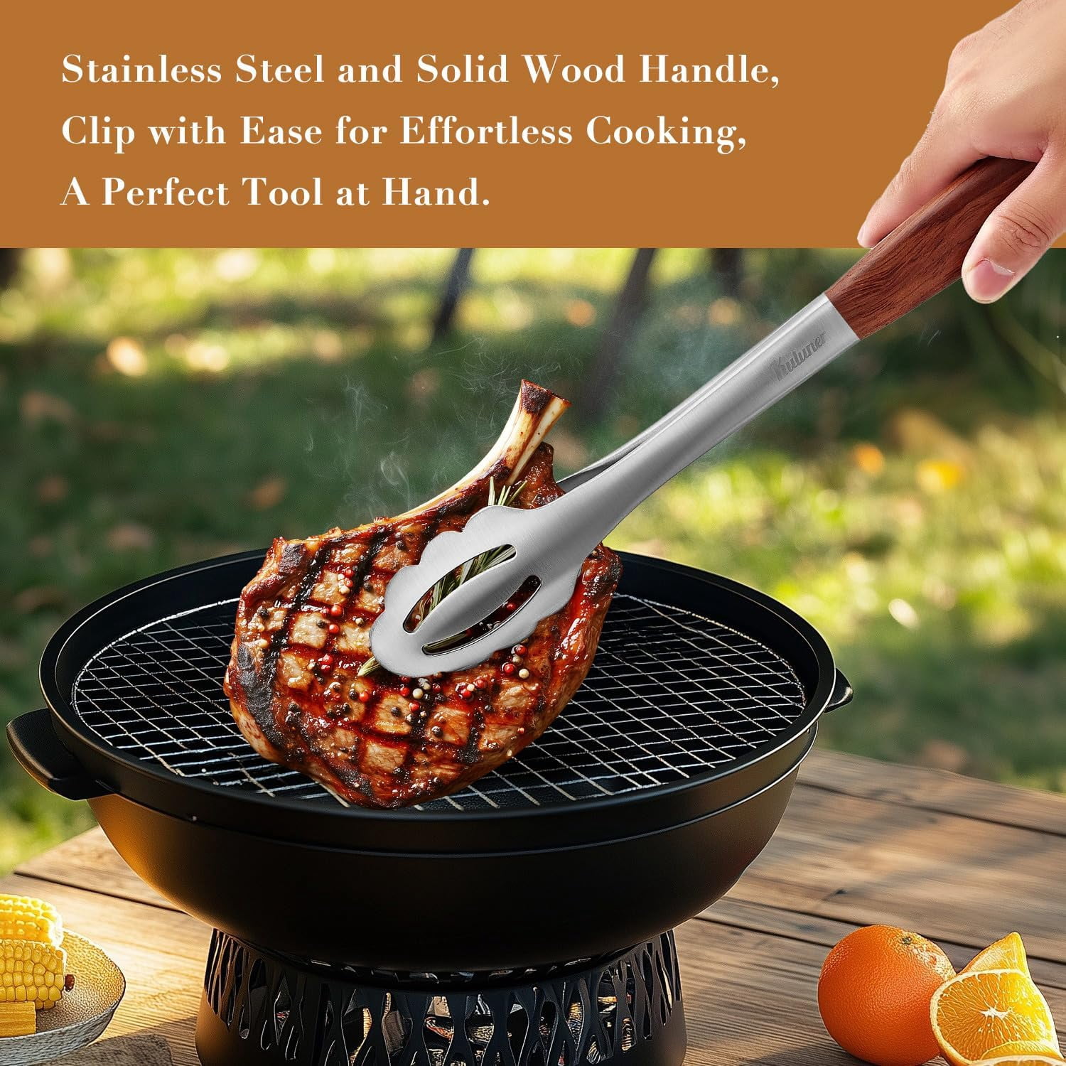 TRA-Stainless Steel Barbecue Tongs, Solid Wood Handle, Kitchen Metal ...