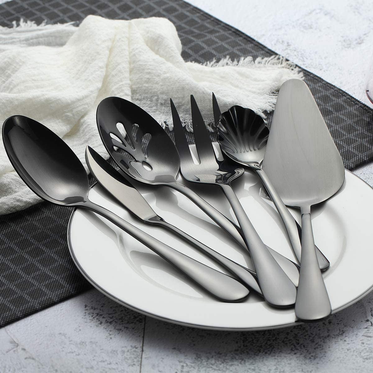 TRA-Stainless Steel Black Titanium Plated Flatware Serving Set 6 Pieces ...