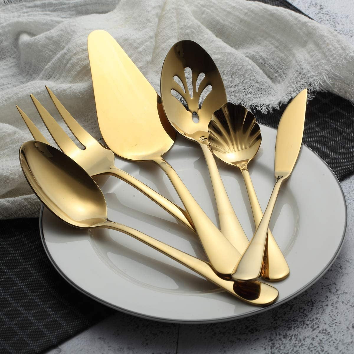 TRA-Stainless Steel Golden Titanium Plated Flatware Serving Set 6 ...