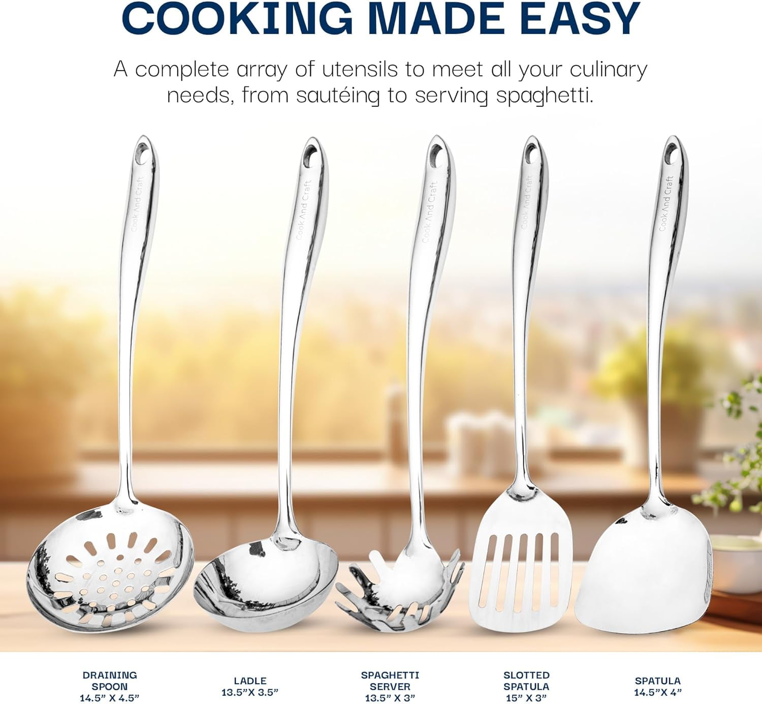 TRA-Stainless Steel Kitchen Utensils Set – 5 Piece Metal Cooking ...