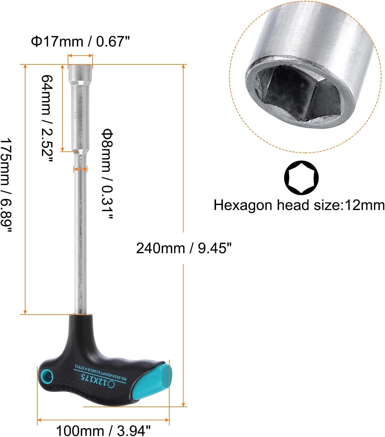 TRA-T-Handle Metric Nut Driver 12mm Dia 175mm Shank 6 Point Hex Socket ...