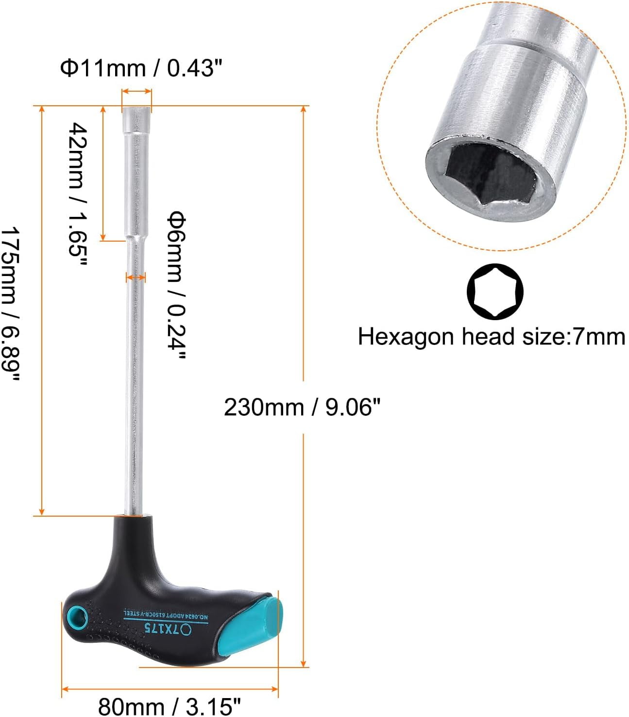 TRA-T-Handle Metric Nut Driver 7mm Dia 175mm Shank 6 Point Hex Socket ...