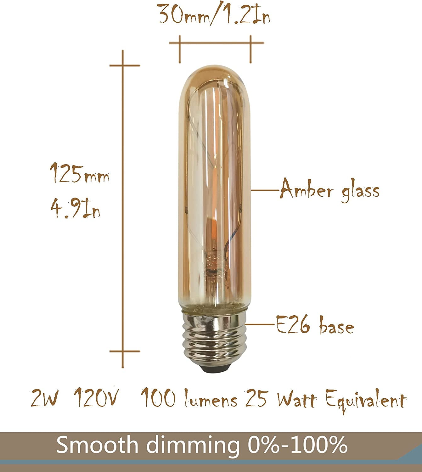 TRA-T10 E26 Amber LED Light Bulb,Smooth Dimmable T10 Tubular Edison Light Bulbs,2 Watt 120V ...