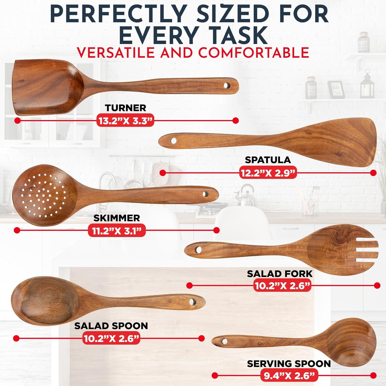 TRA-Teak Wooden Utensil Set 6-Piece - Smooth Finish Wooden Spoons for ...