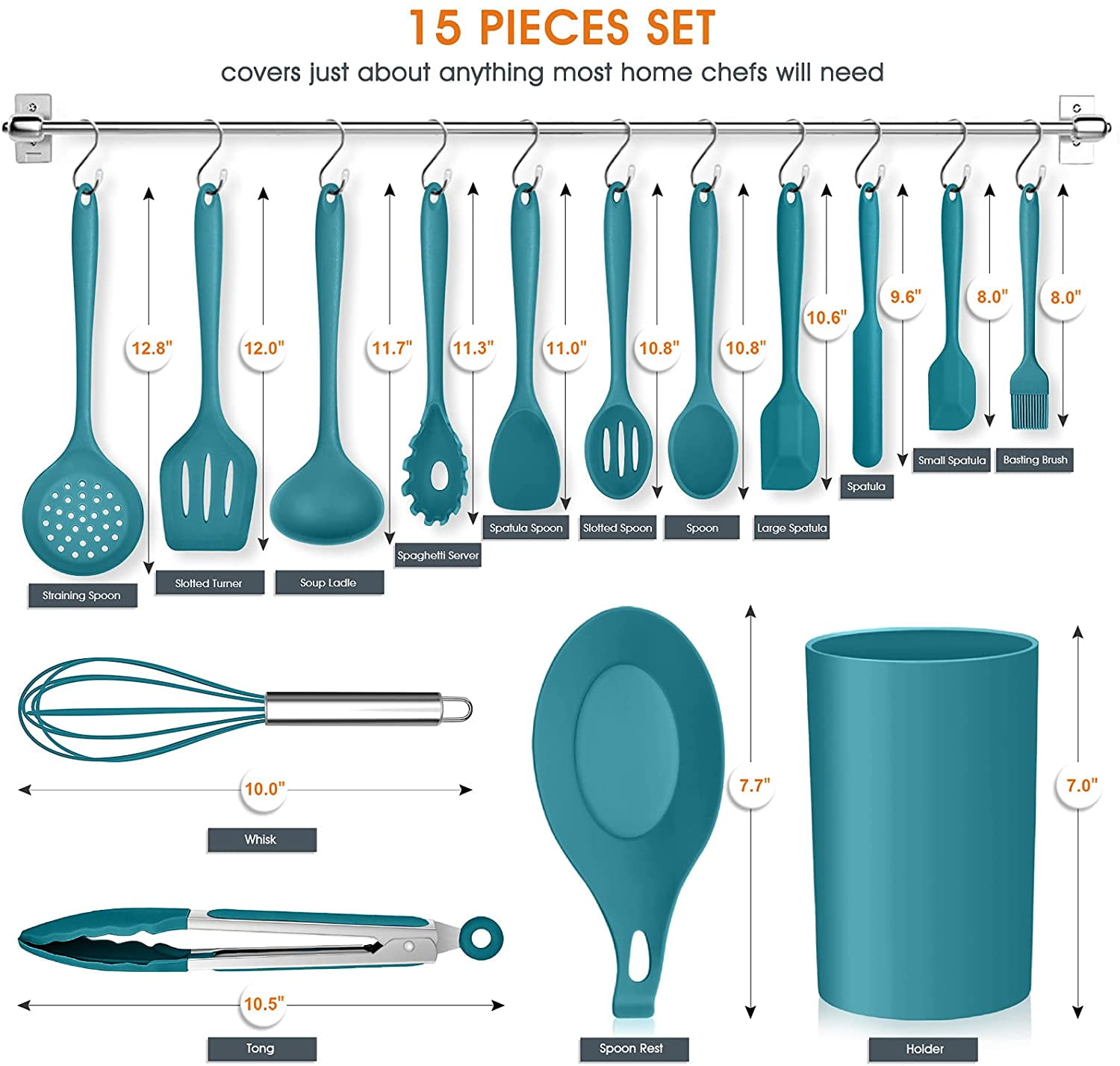 TRA-Teal Blue Kitchen Utensils Set, 15-Piece Silicone Cooking Utensils ...